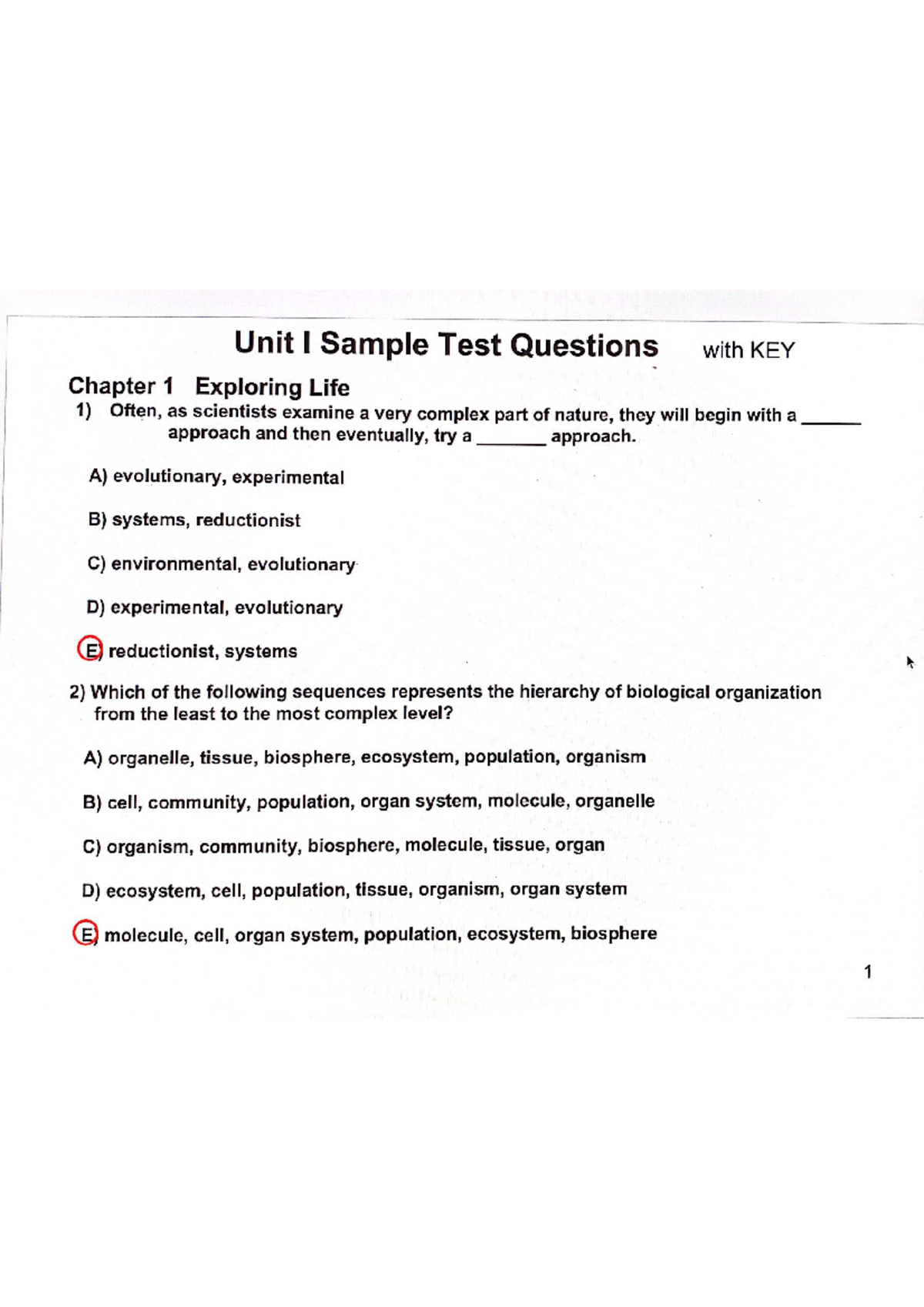 Unit 1 sample questions - BSC 1010C - Studocu