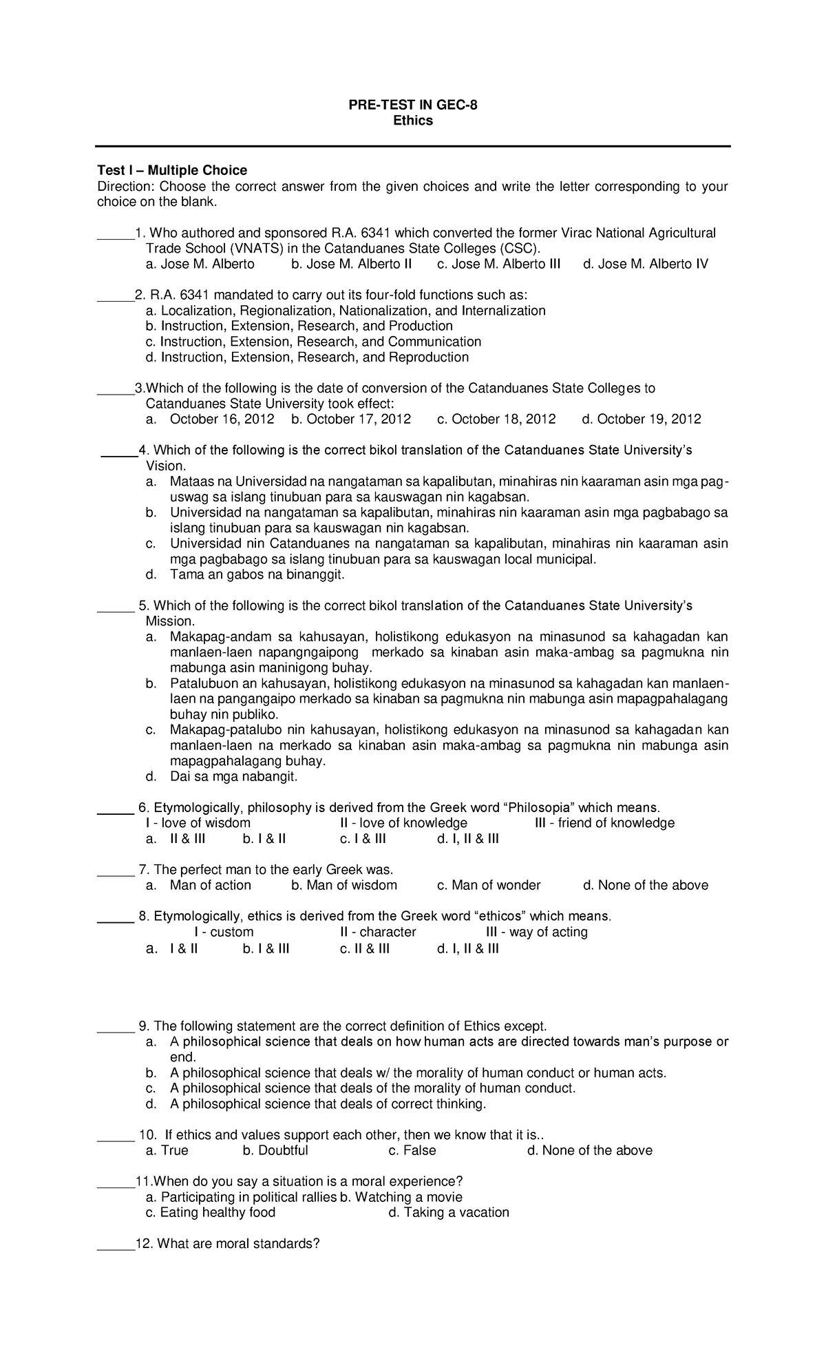 PRE-TEST- Ethics - test - PRE-TEST IN GEC- Ethics Test I – Multiple ...