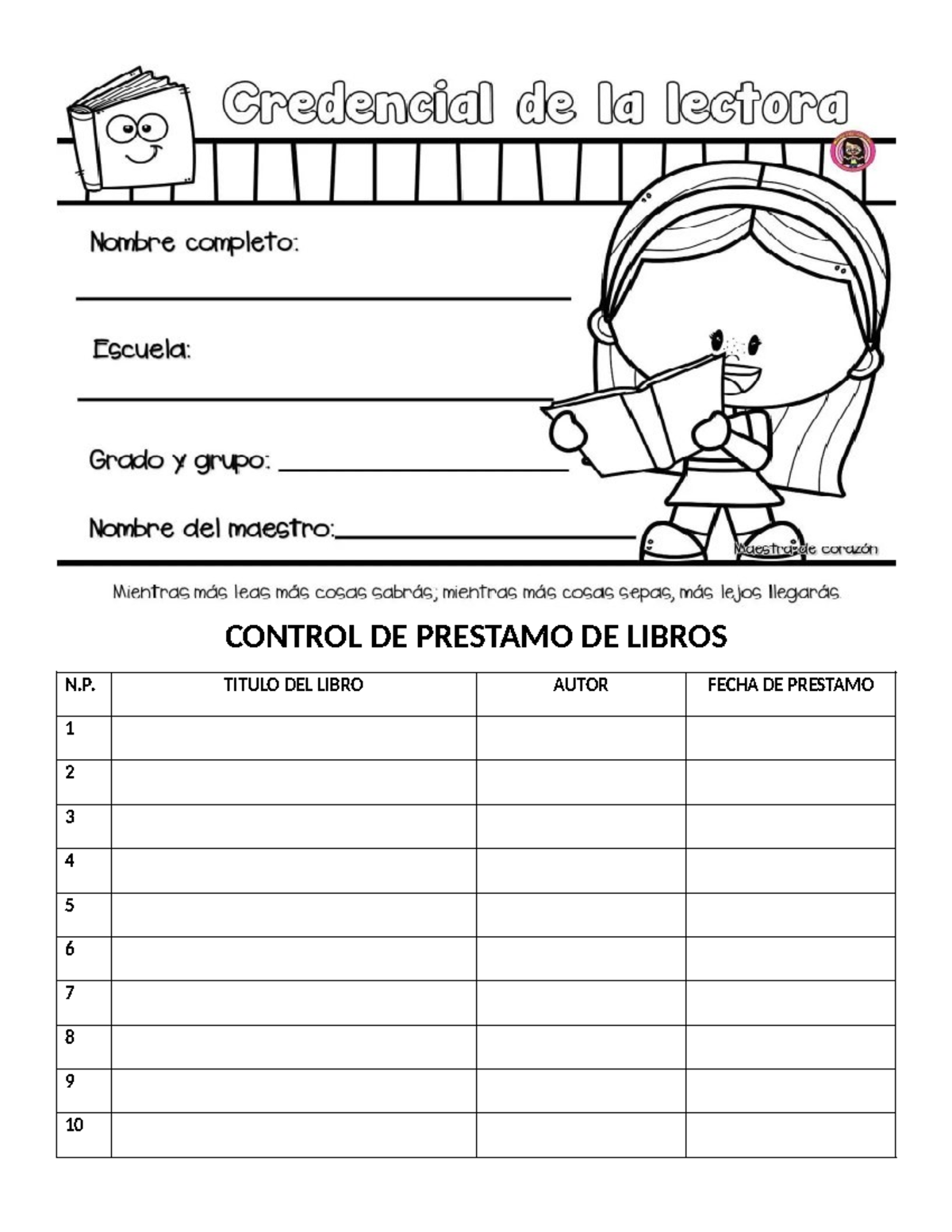 Control DE Prestamo DE Libros - Español Lecto escritura - CONTROL DE ...