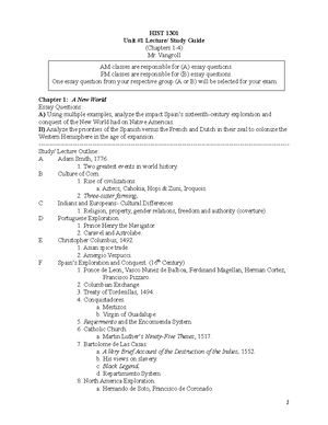 HIST1301FL19 Study Guide 1 Exam 1 Ch. 1-4 - HIST 1301 Study Guide 1 Revised 07/08/ This study ...
