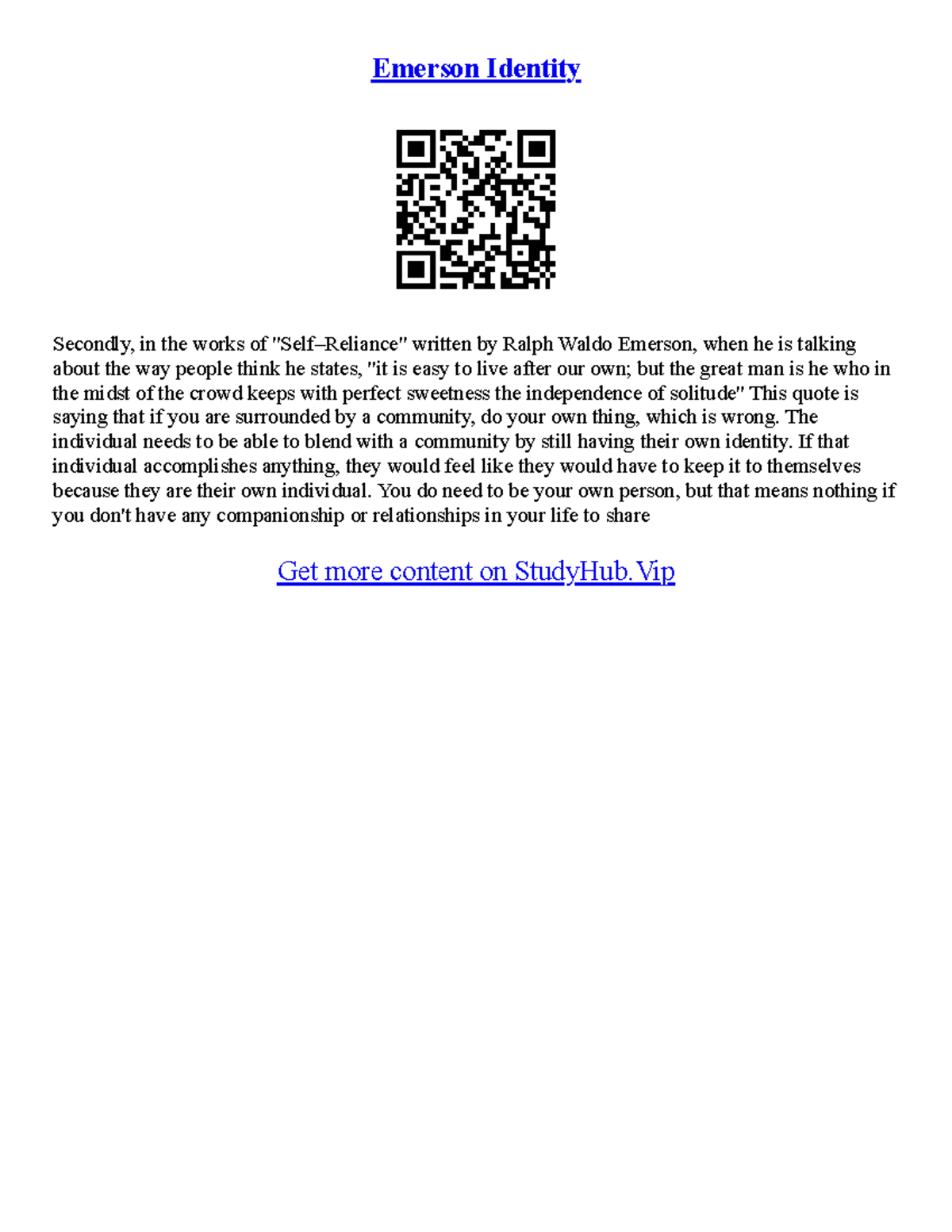 150 Word Essay 150 Word Essay - Emerson Identity Secondly, in the works ...