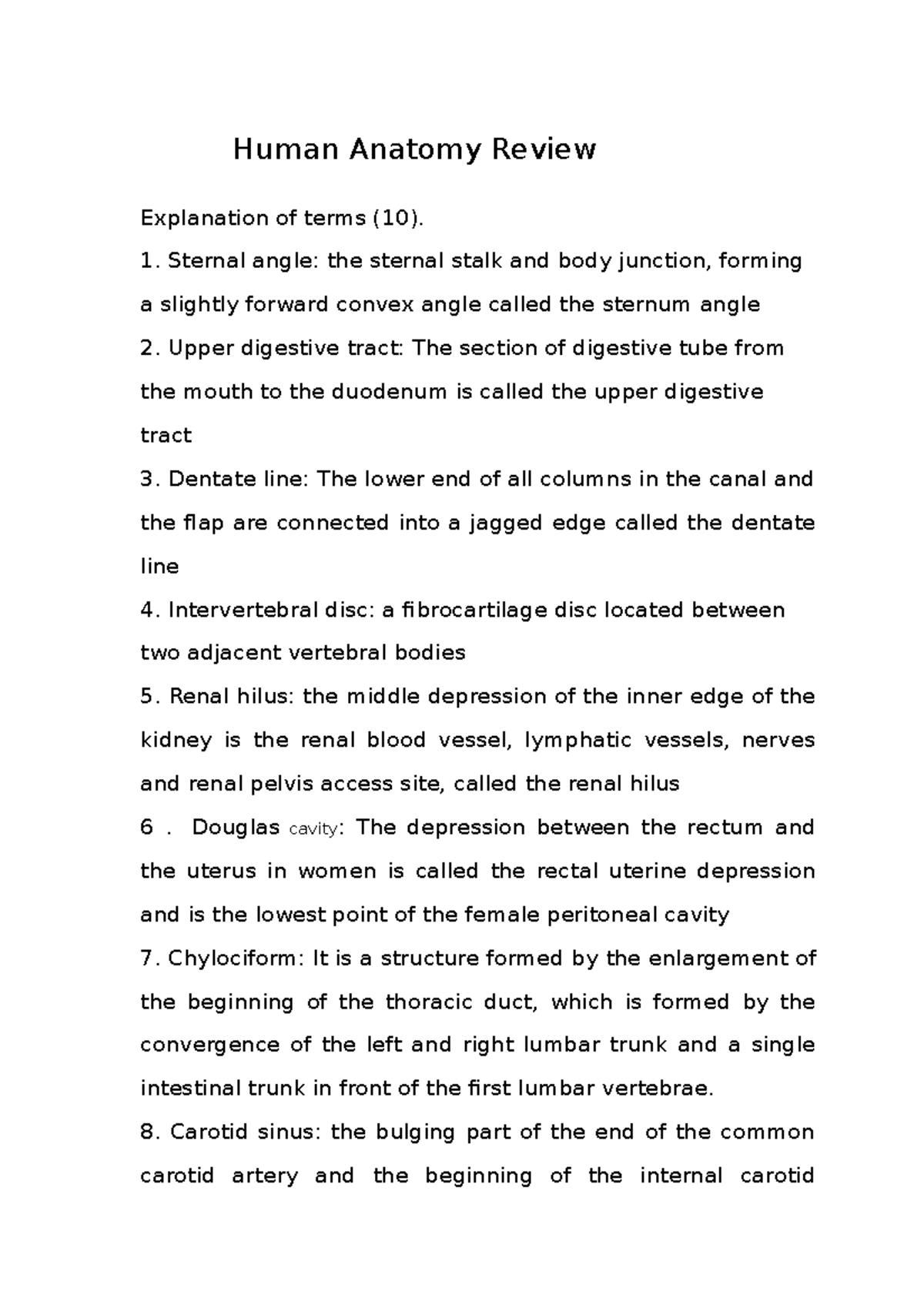 Human Anatomy Review BI232 - Human Anatomy Review Explanation of terms ...