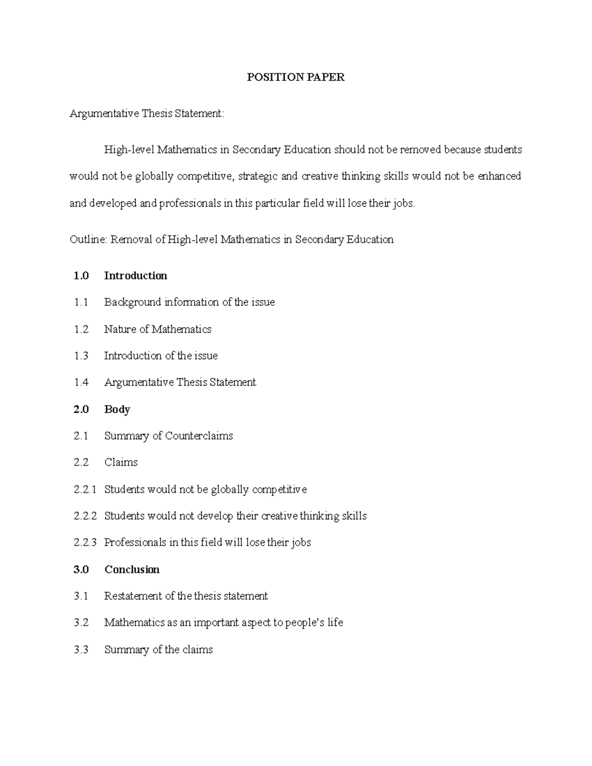 Positionpaper - Position Paper on removal of mathematics - POSITION ...