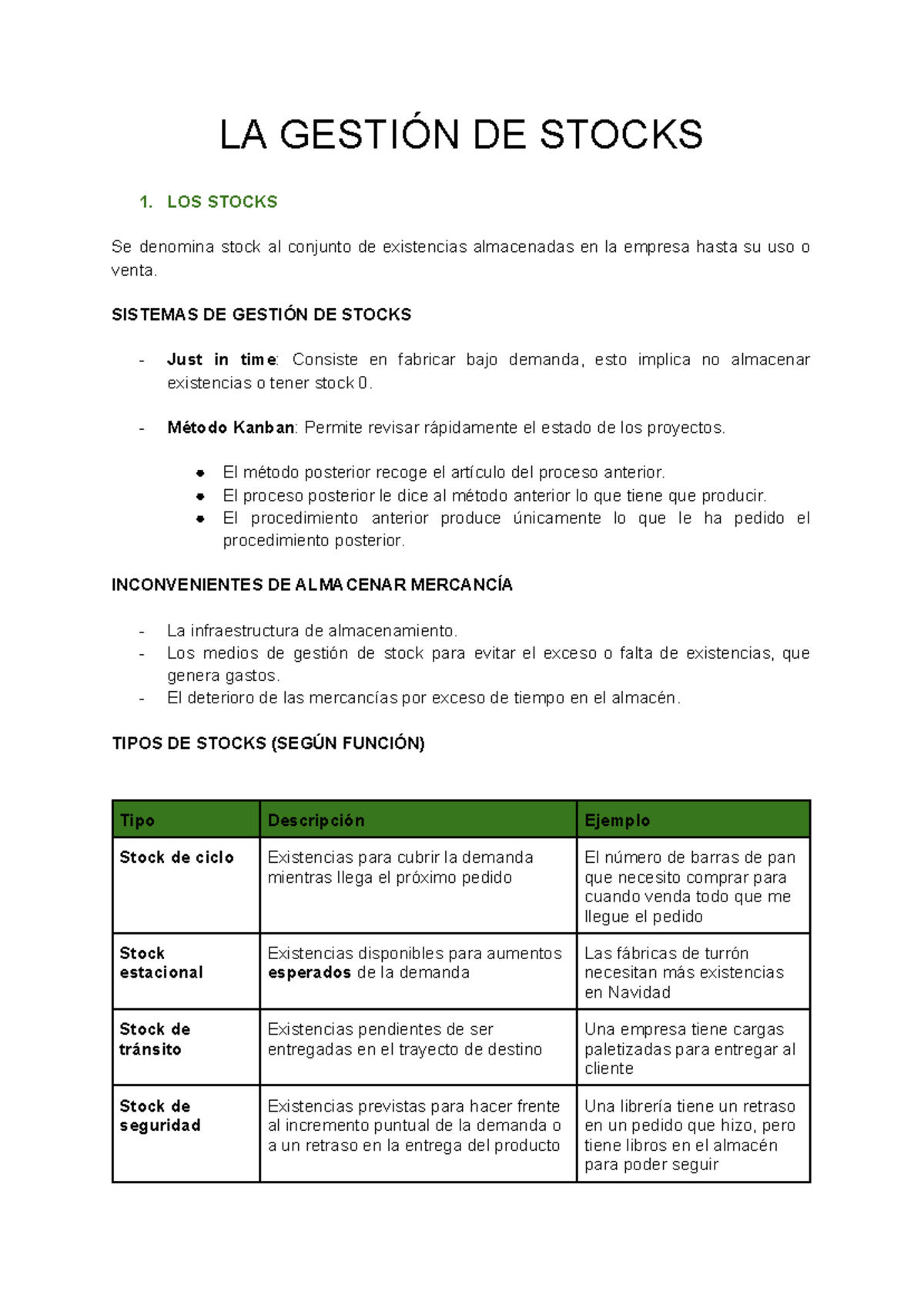 Resumen Logistica TEMA 3 (1) - LA GESTIÓN DE STOCKS 1. LOS STOCKS Se ...
