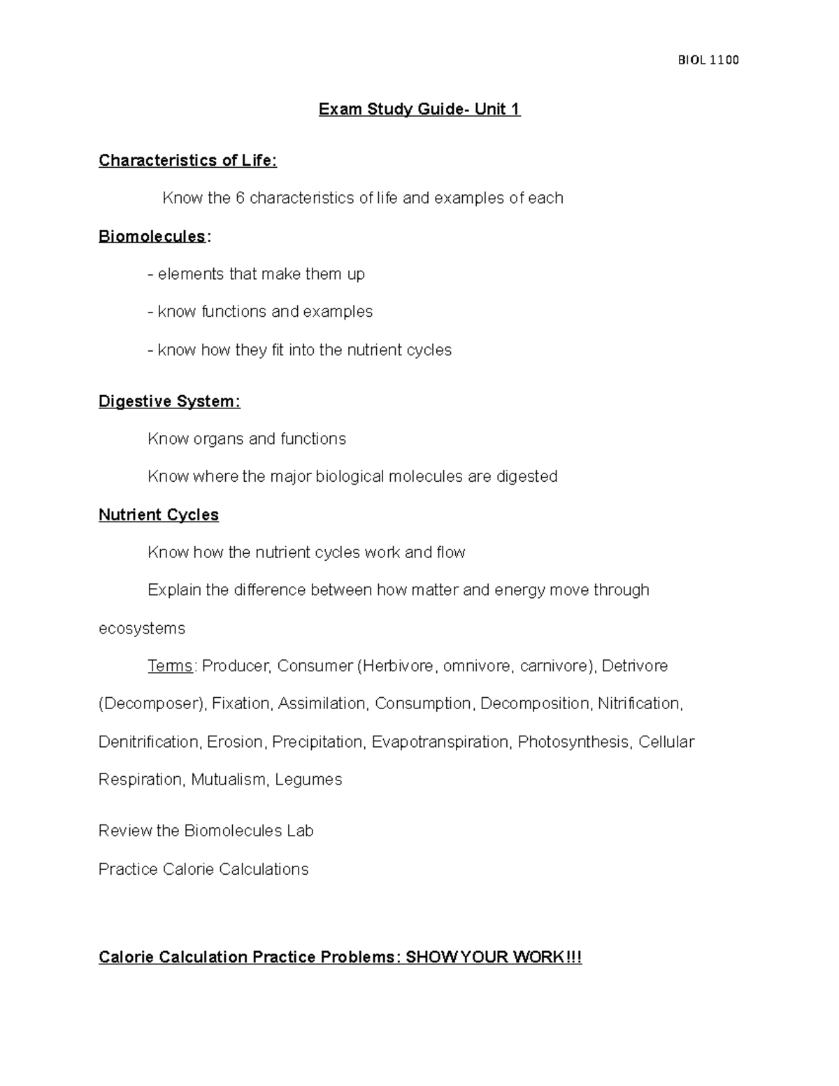 2021 BIOL1100 Study Guide Review Exam Practice unit 1 - Exam Study ...
