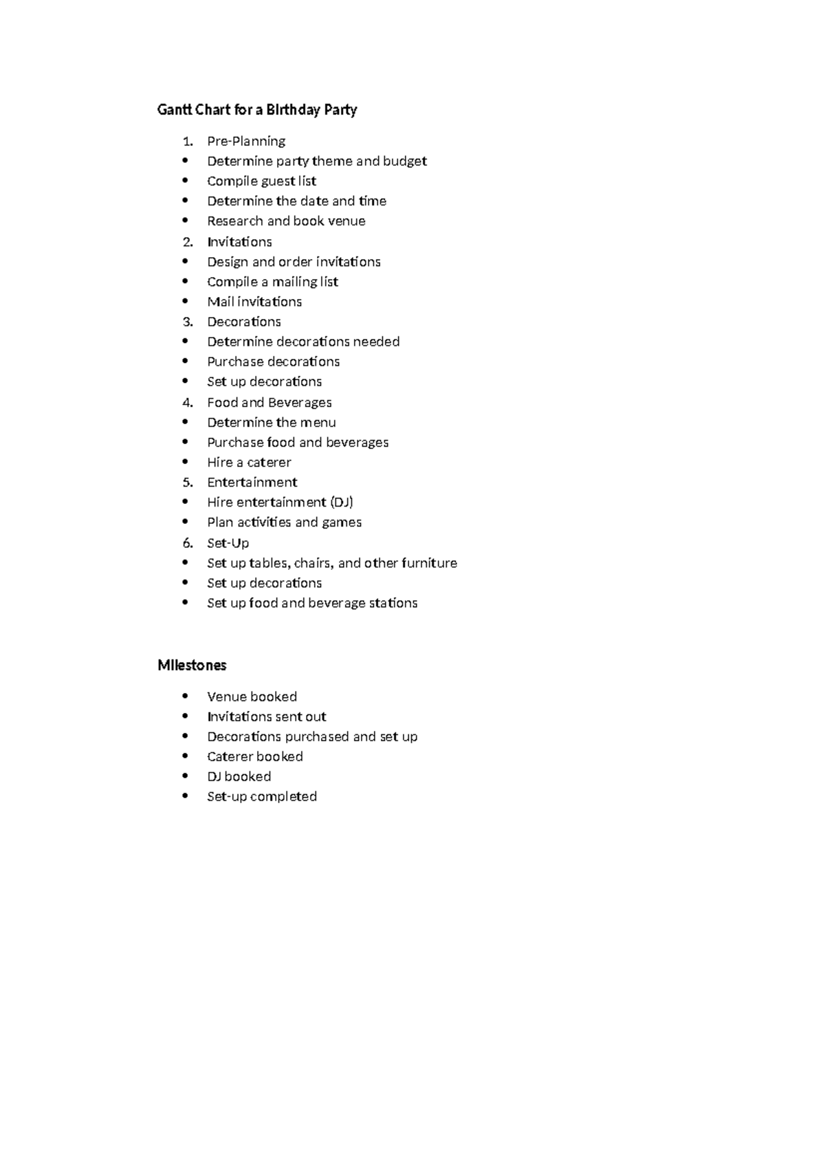 Gantt Chart for a Birthday Party - Pre-Planning Determine party theme ...