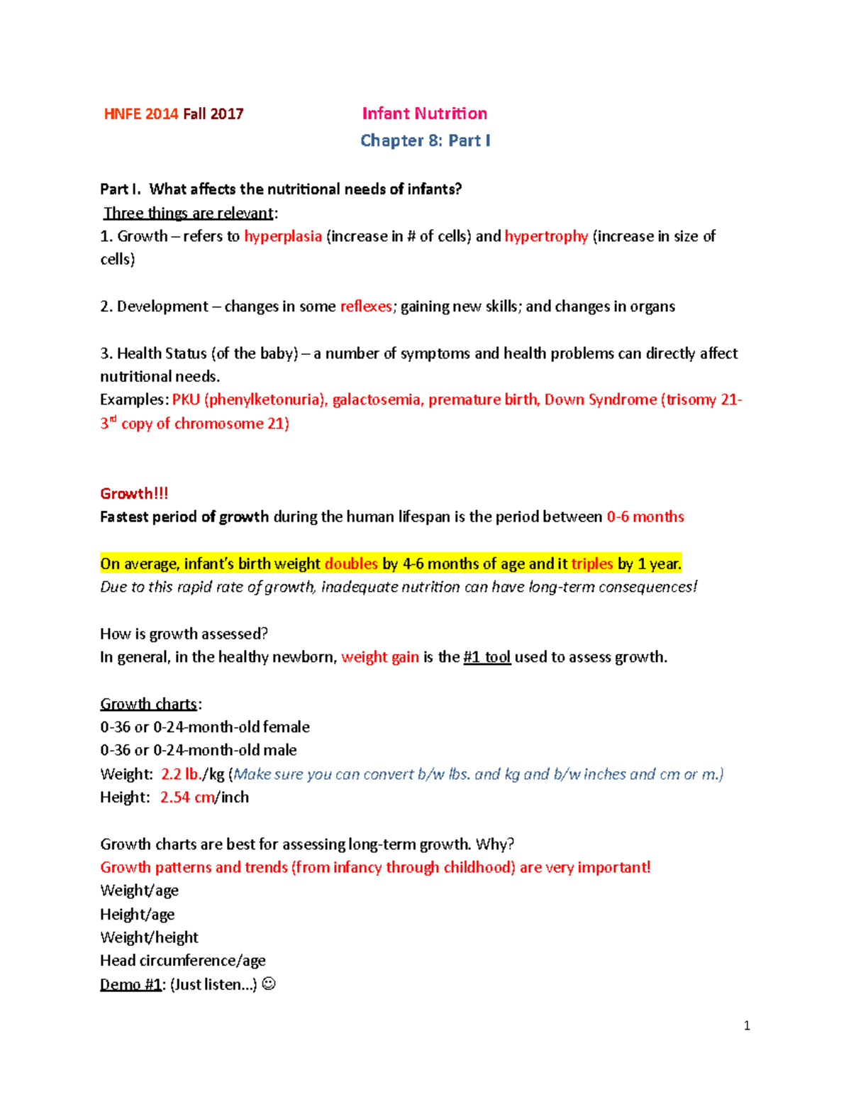 8,9 Part I - Infant Nutrition Note Guide Fall 2017 - HNFE 2014 Fall ...