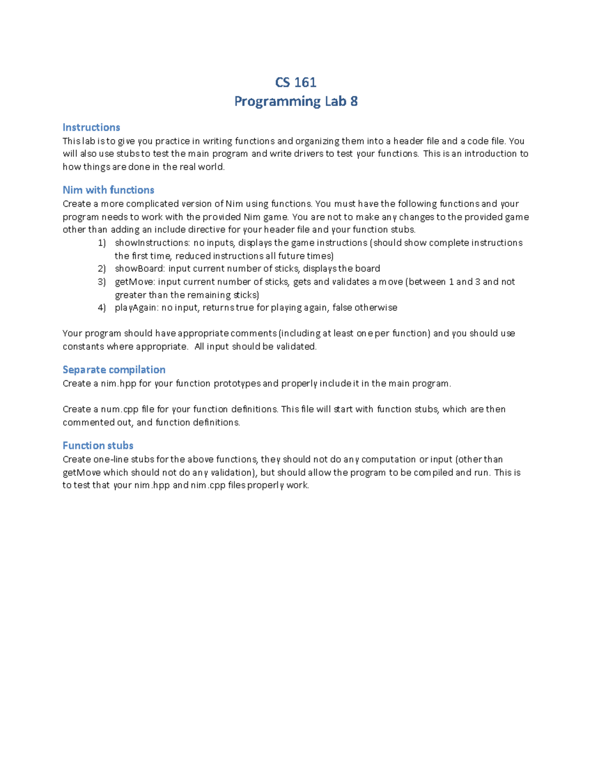 Lab 8 nim functions - lab for the nim game - CS 161 Programming Lab 8 ...