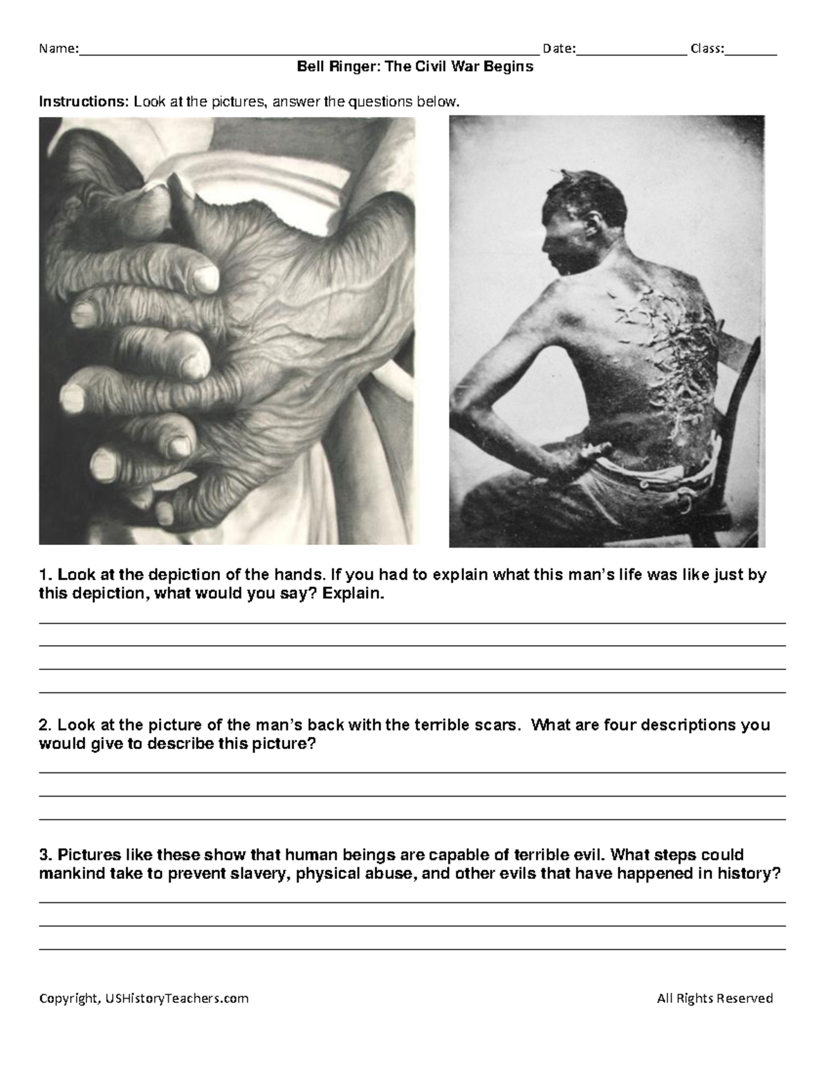 01 The Civil War Begins Bell Ringer 1 - Copyright, USHistoryTeachers ...