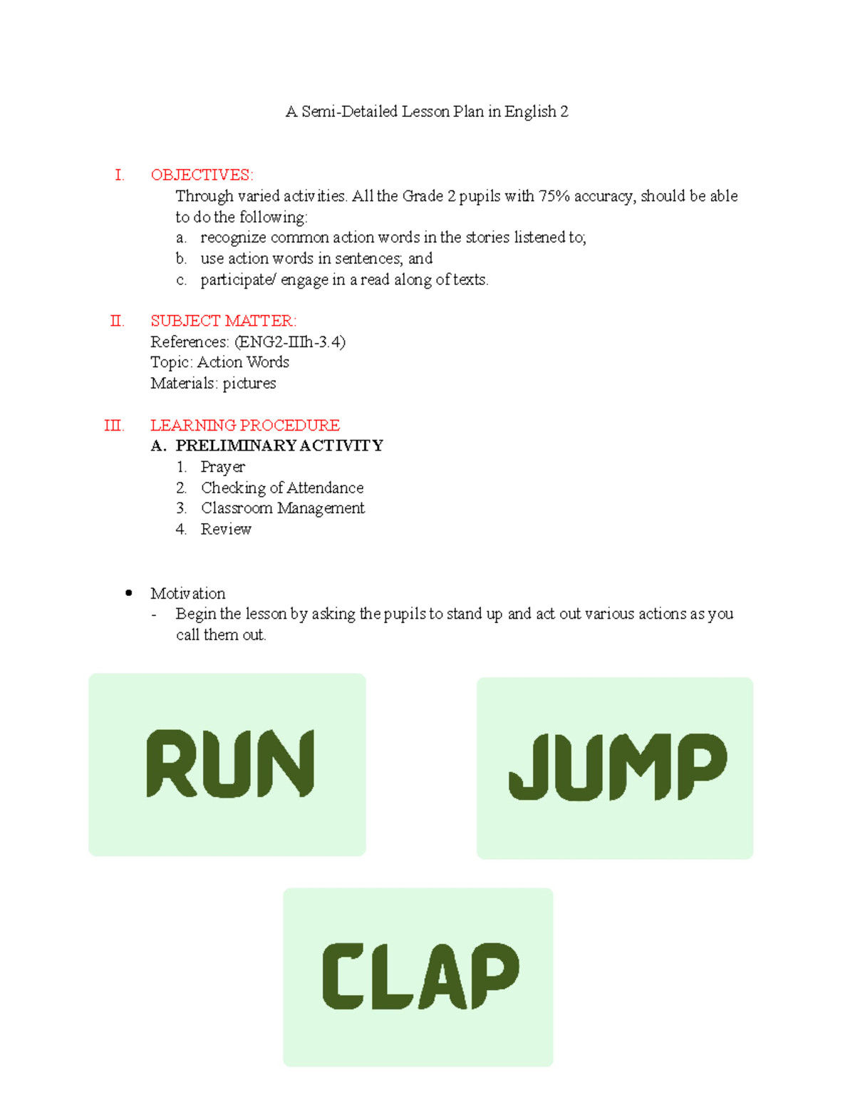 Lesson PLAN Action Words - A Semi-Detailed Lesson Plan in English 2 I ...