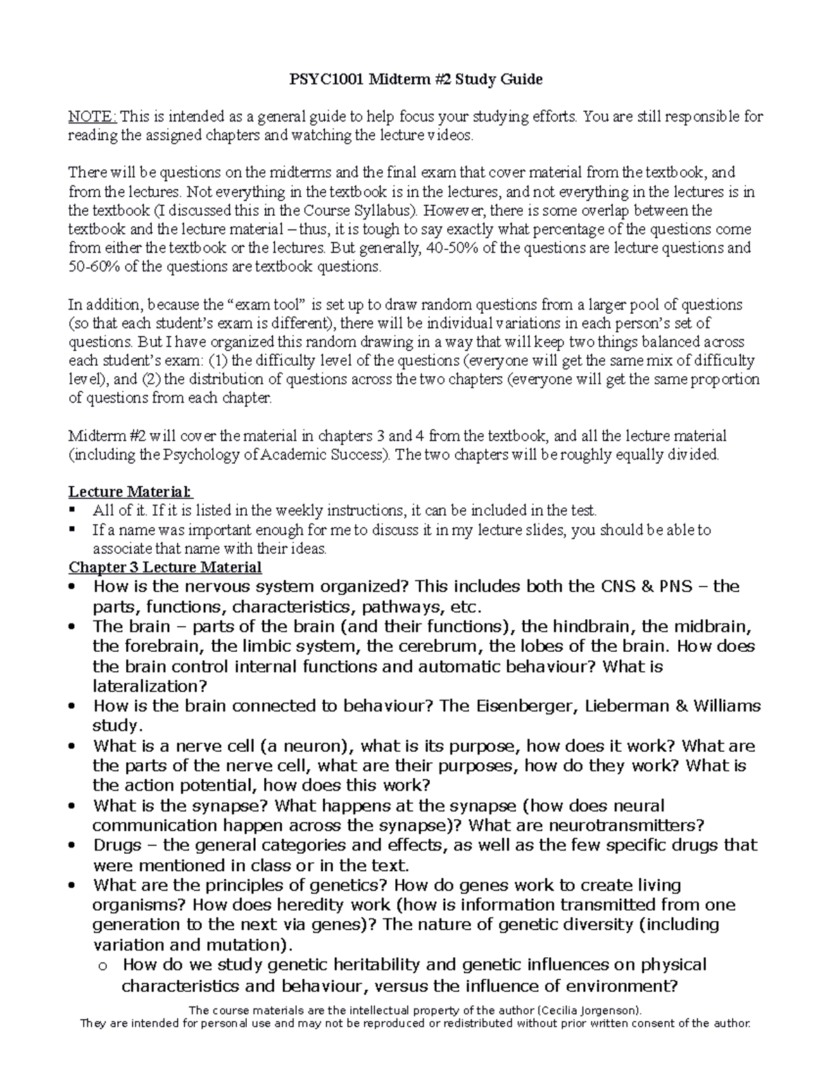 1001H Midterm 2 Study Guide - PSYC1001 Midterm #2 Study Guide NOTE: This is intended as a ...