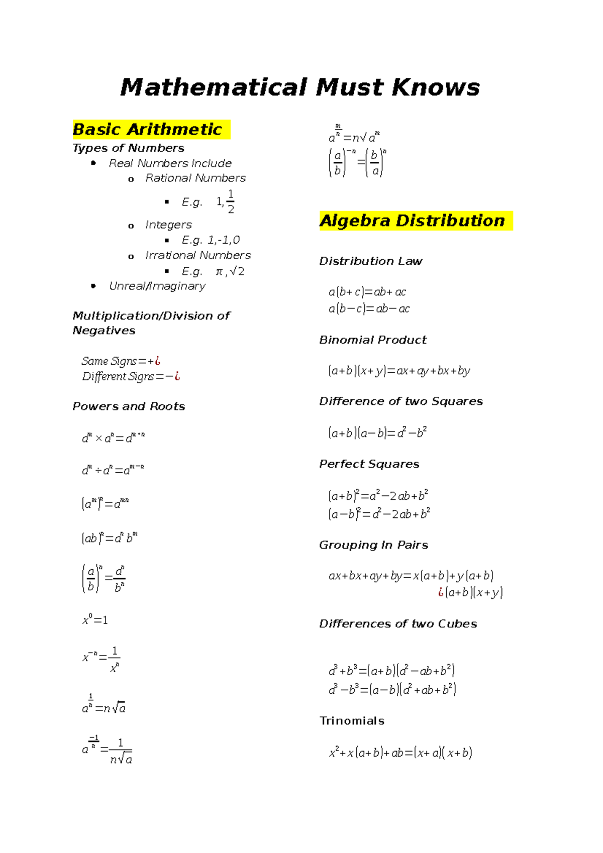 General Mathematics Notes (Must Read) - Mathematical Must Knows Basic ...