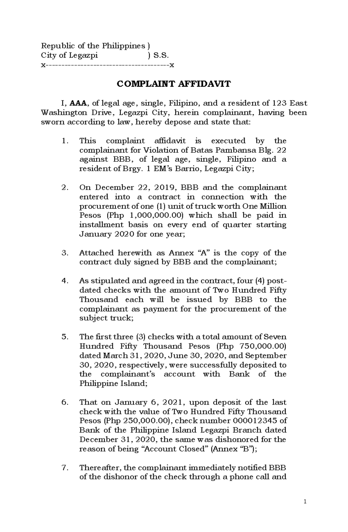 Complaint BP22 - BP 22 - 1 Republic of the Philippines ) City of ...