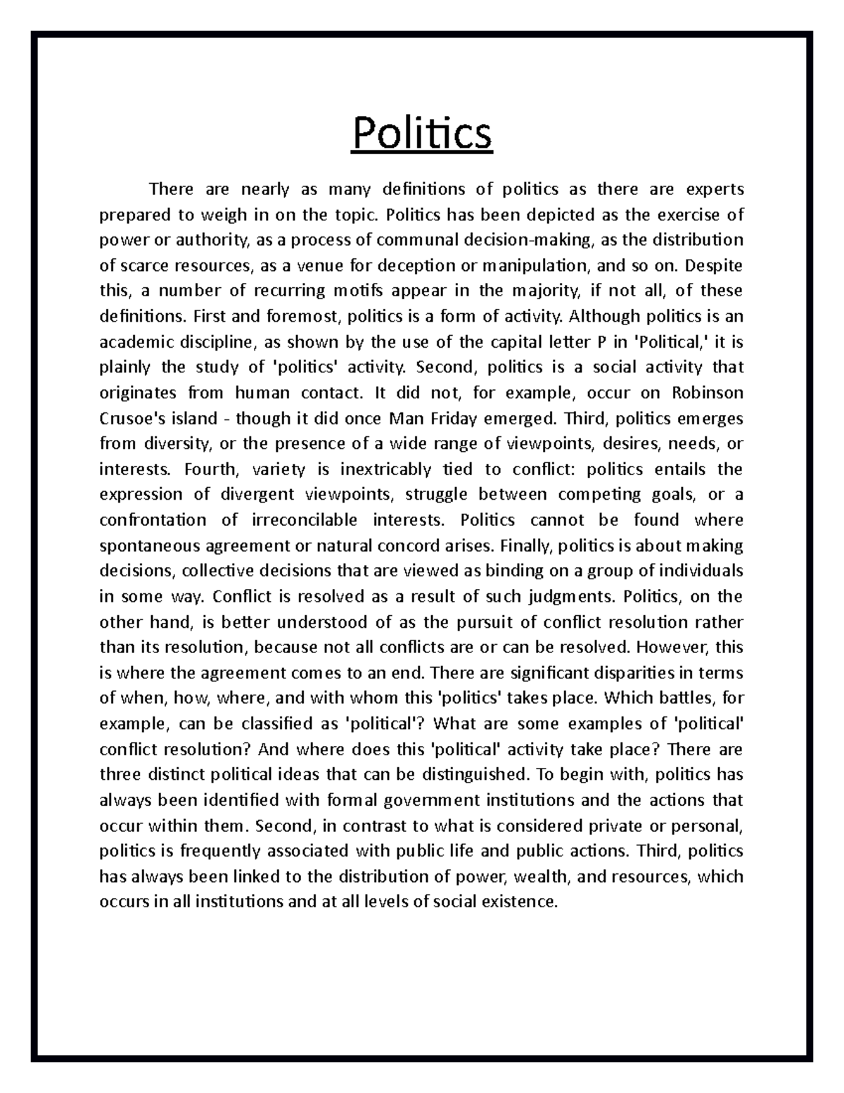 Brief Note on Politics - Lecture notes 40 - Politics There are nearly ...