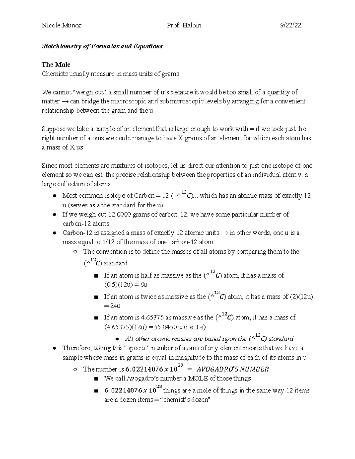 Chapter #3 Notes - Stoichiometry of Formulas and Equations The Mole ...