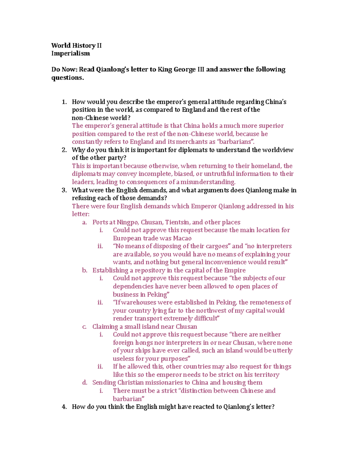 Qianlong's Letter Questions - World History II Imperialism Do Now: Read ...