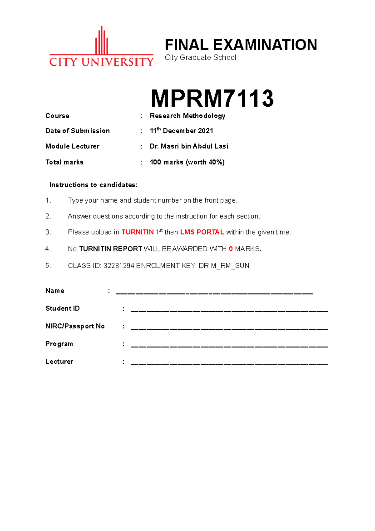 research methodology exam april 2021 - City Graduate School Course ...