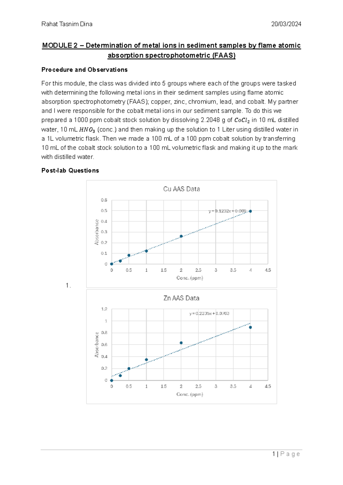 Post lab Module 2 - Rahat Dina - MODULE 2 – Determination of metal ions ...