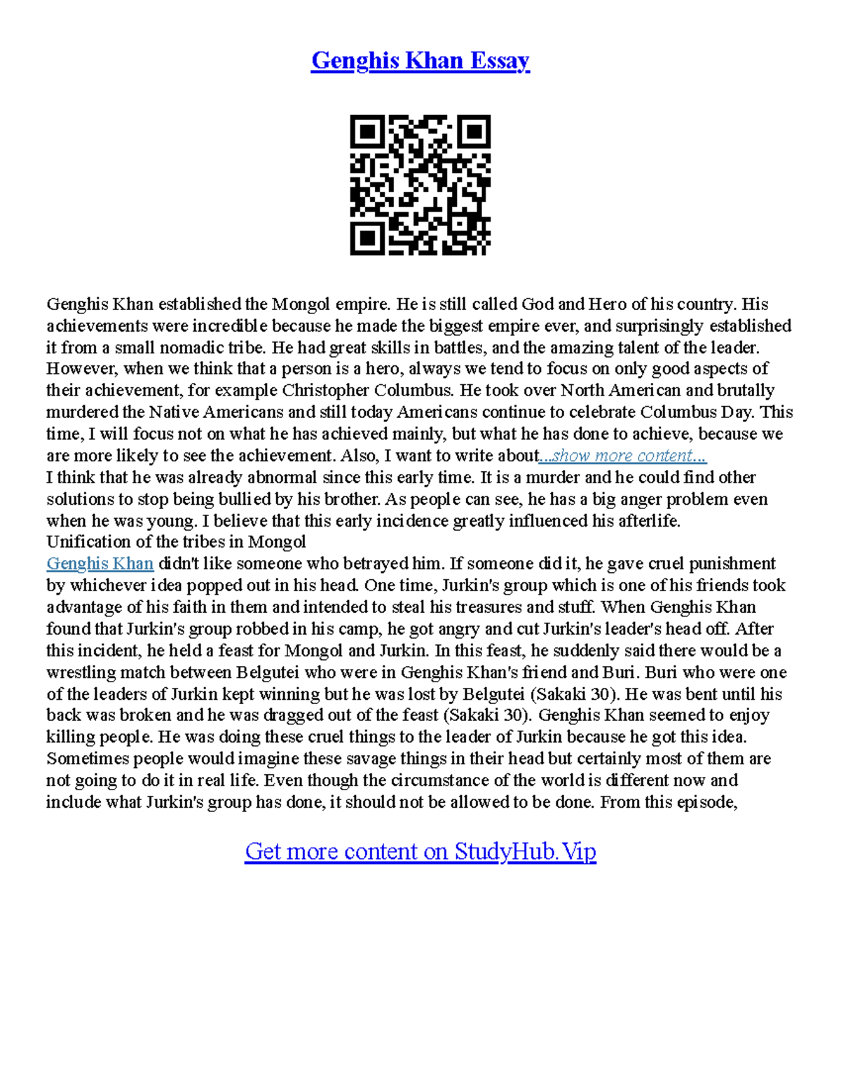 Genghis Khan Essay - Genghis Khan Essay Genghis Khan established the ...