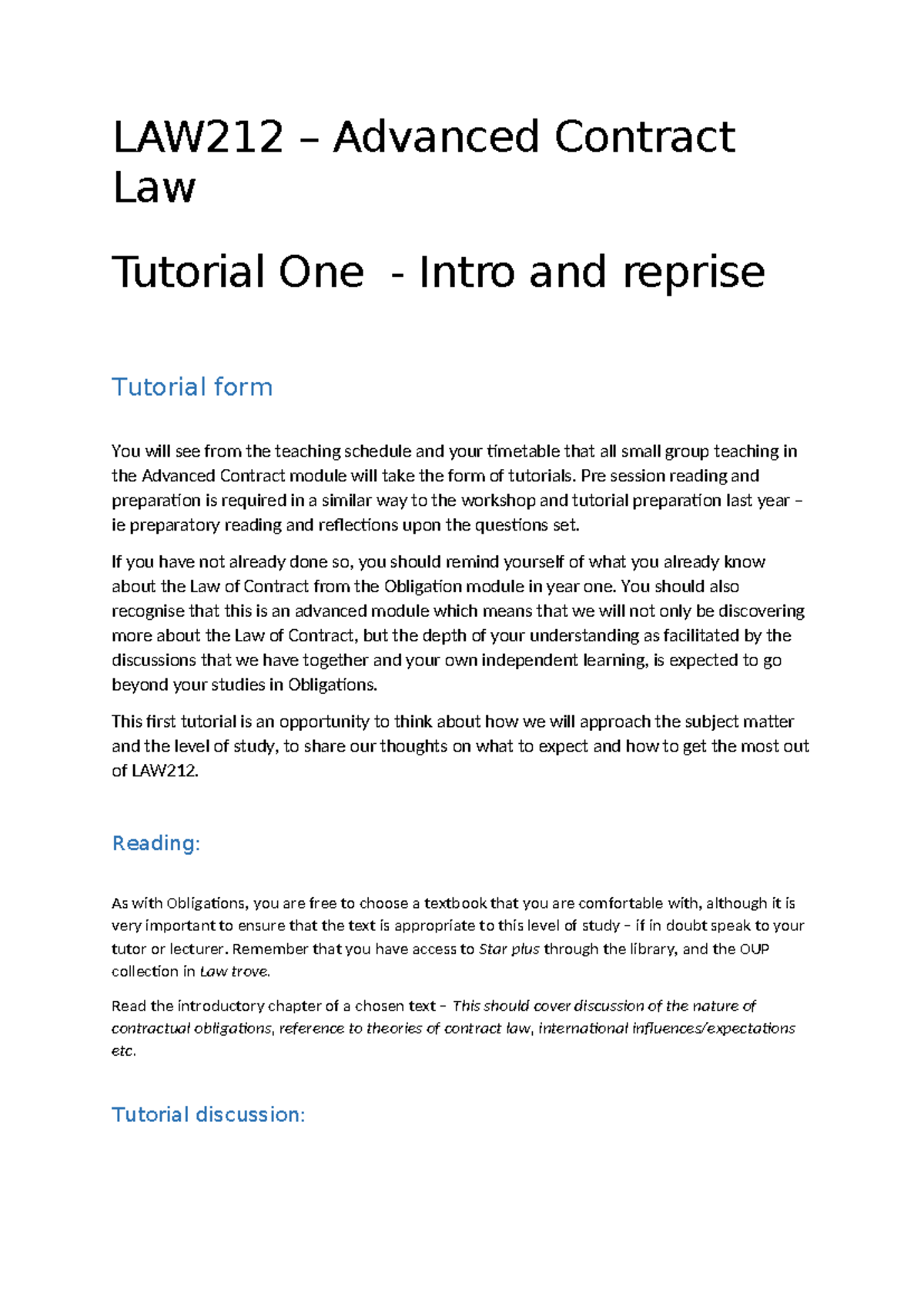 1 - Intro and reprise - LAW212 – Advanced Contract Law Tutorial One ...