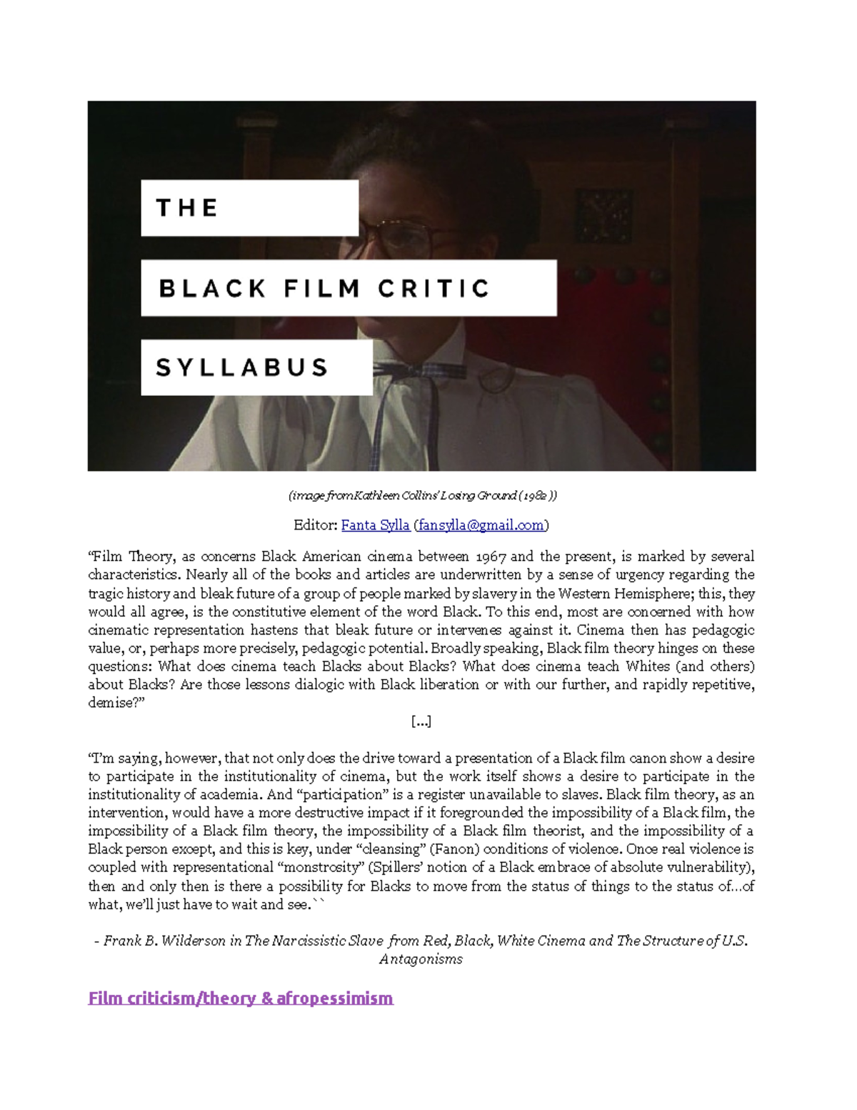 The Black Film Critic Syllabus - (image from Kathleen Collins’ Losing ...