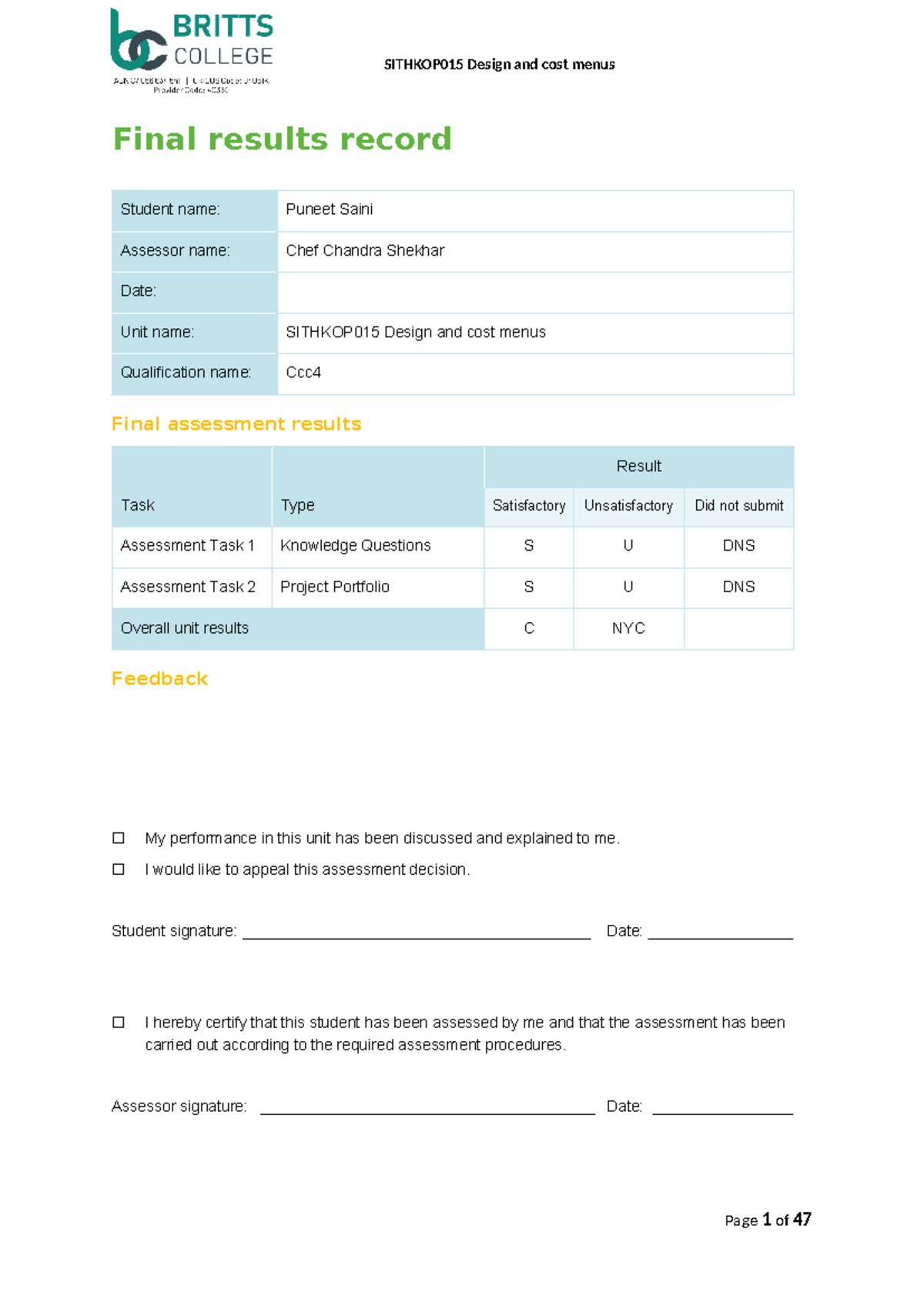 Sithkop 015 Student Assessment Tasks - Final results record Student ...