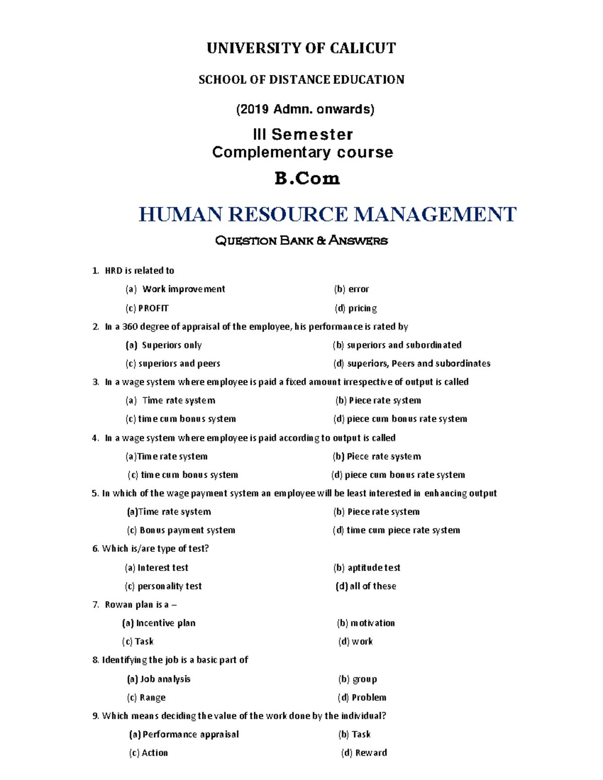 MCQ- III Sem B Com Human Resource Management - UNIVERSITY OF CALICUT ...
