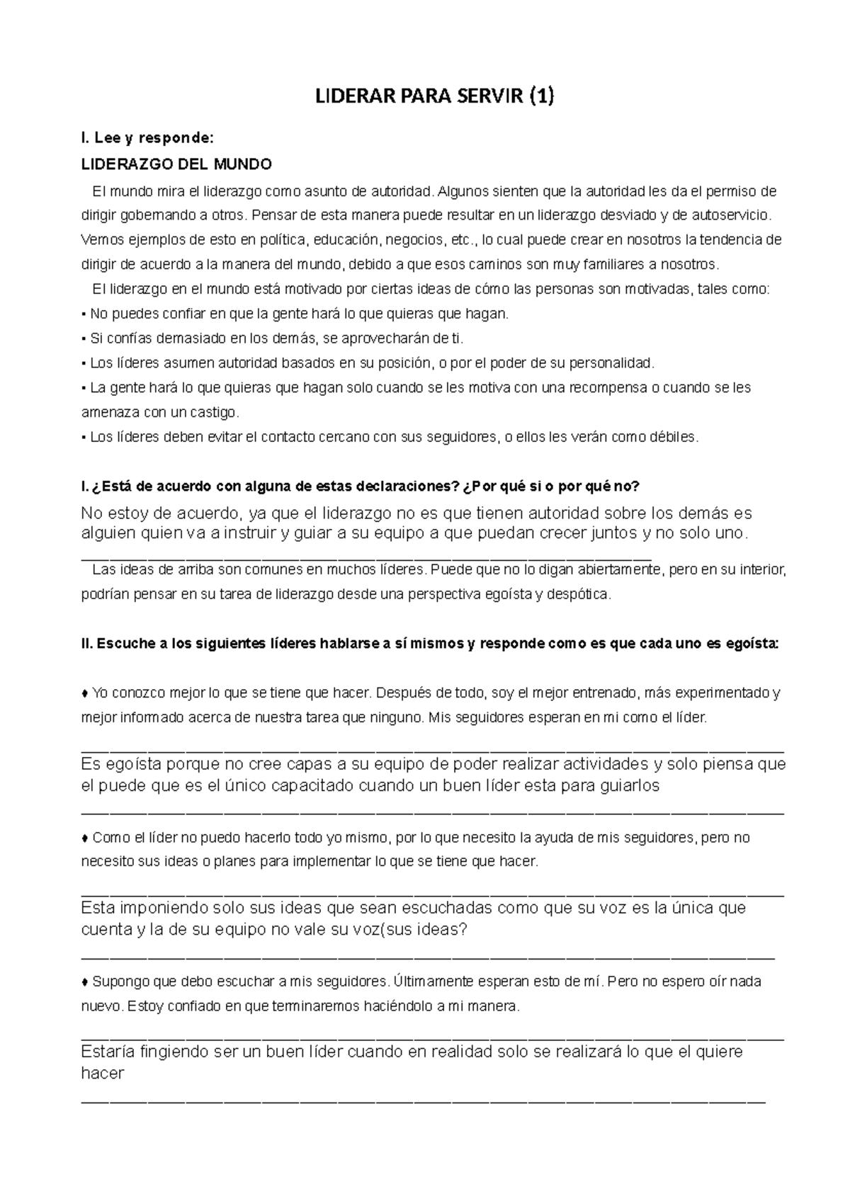 Liderar PARA Servir (1) abel - LIDERAR PARA SERVIR (1) I. Lee y responde: LIDERAZGO DEL MUNDO El ...