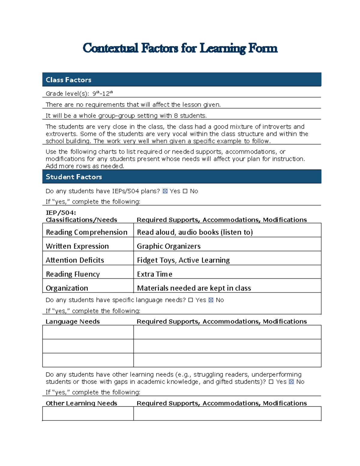 C934 Task 1 - Task 1 Passed - Contextual Factors for Learning Form ...