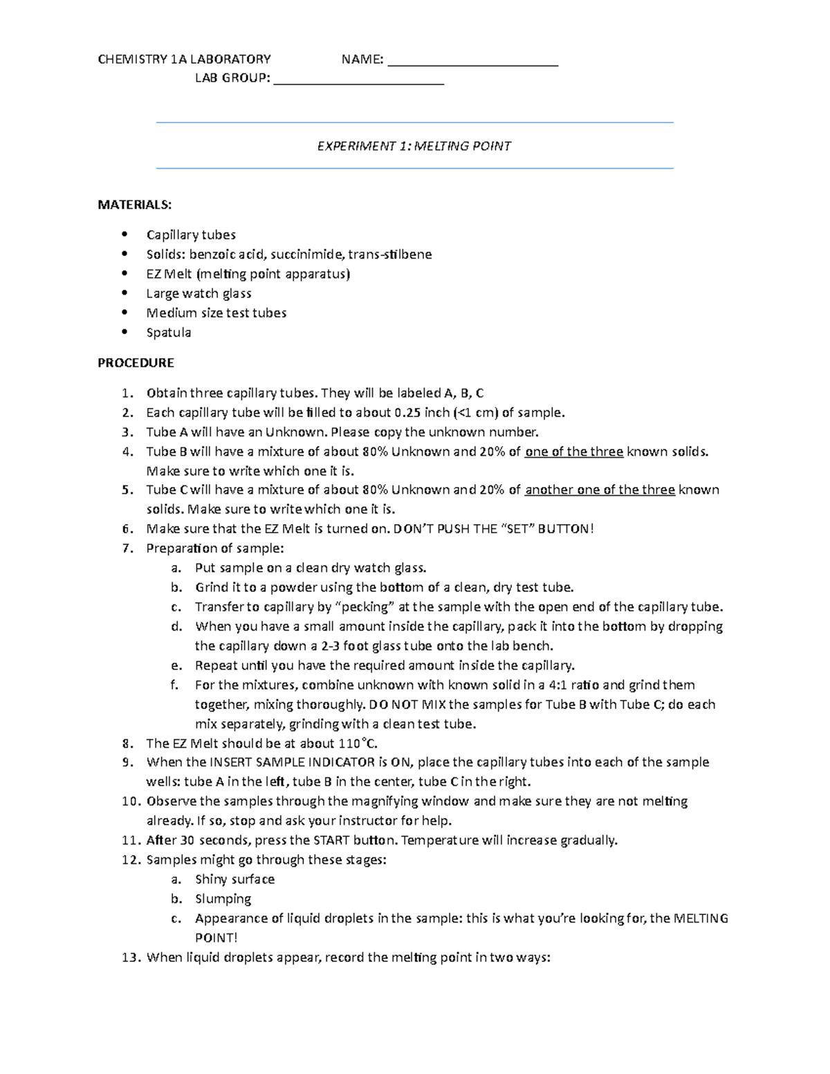 Exp+1+Pre-lab - Bdhhd - CHEMISTRY 1A LABORATORY NAME ...