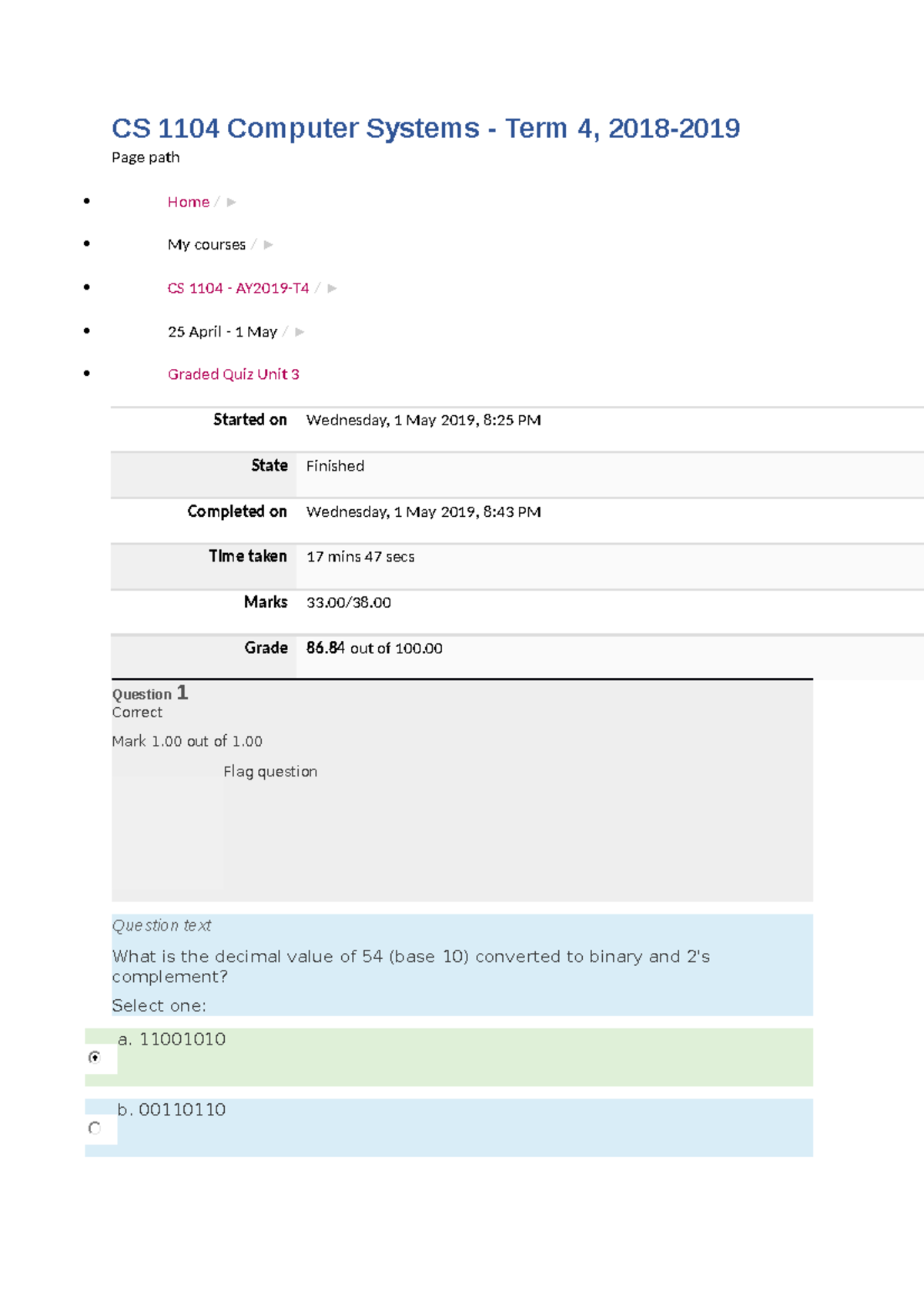 CS 1104 unit 3 graded quiz - CS 1104 Computer Systems - Term 4, 2018 ...