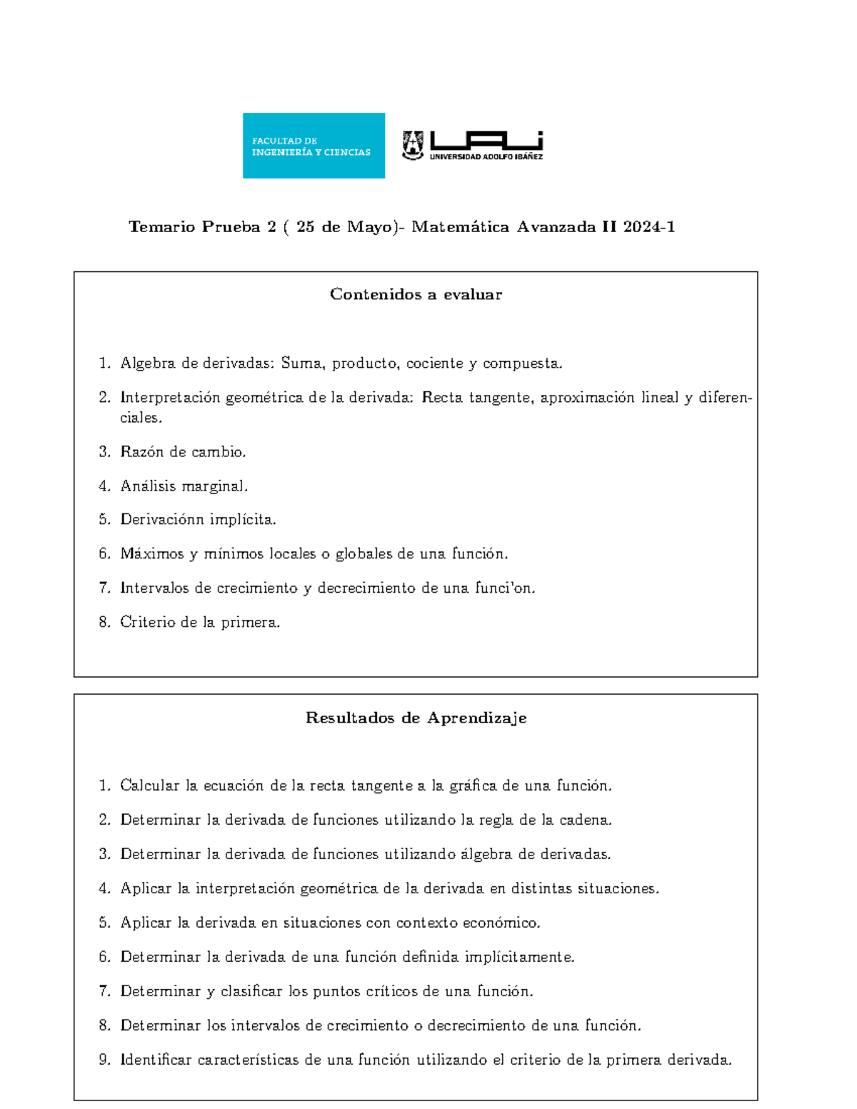 Temario Prueba 2 Mate Avanzada II 2024 1 - Temario Prueba 2 ( 25 de Mayo)- Matem ́atica Avanzada ...