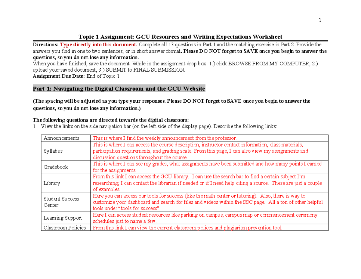 UNV 103 RS T1 Resources Worksheet Online - Topic 1 Assignment: GCU Resources and Writing - Studocu