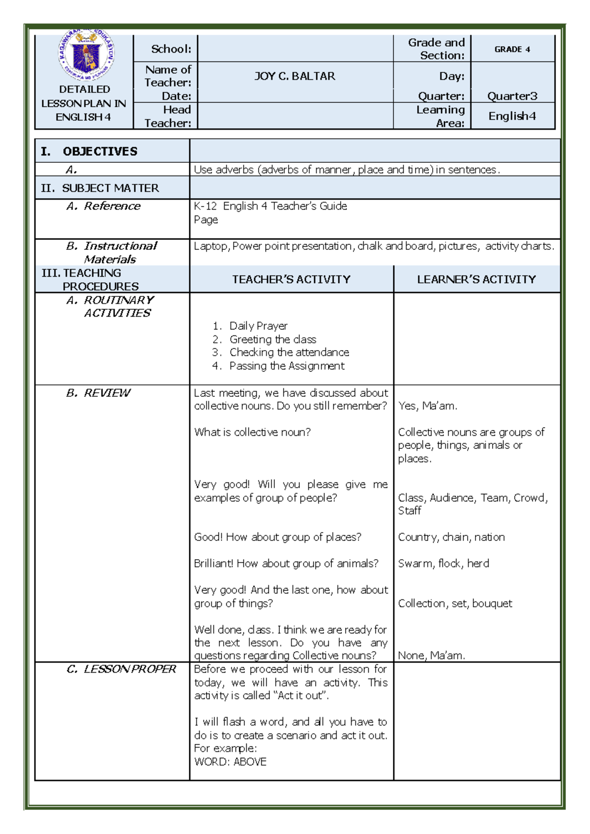 Inbound 2645148874253271963 - DETAILED LESSON PLAN IN ENGLISH 4 School ...