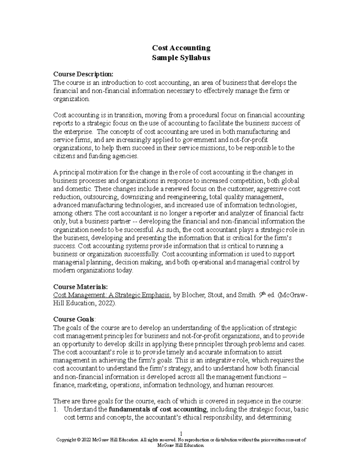 Cost Accounting Syllabus 9e - Cost Accounting Sample Syllabus Course ...