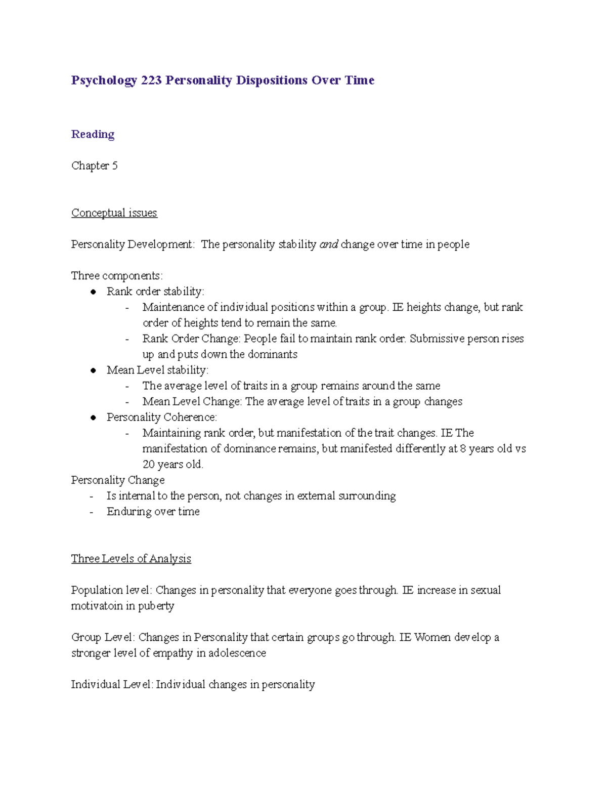 Chapter 5 Textbookc - personality psychology notes - Psychology 223 ...