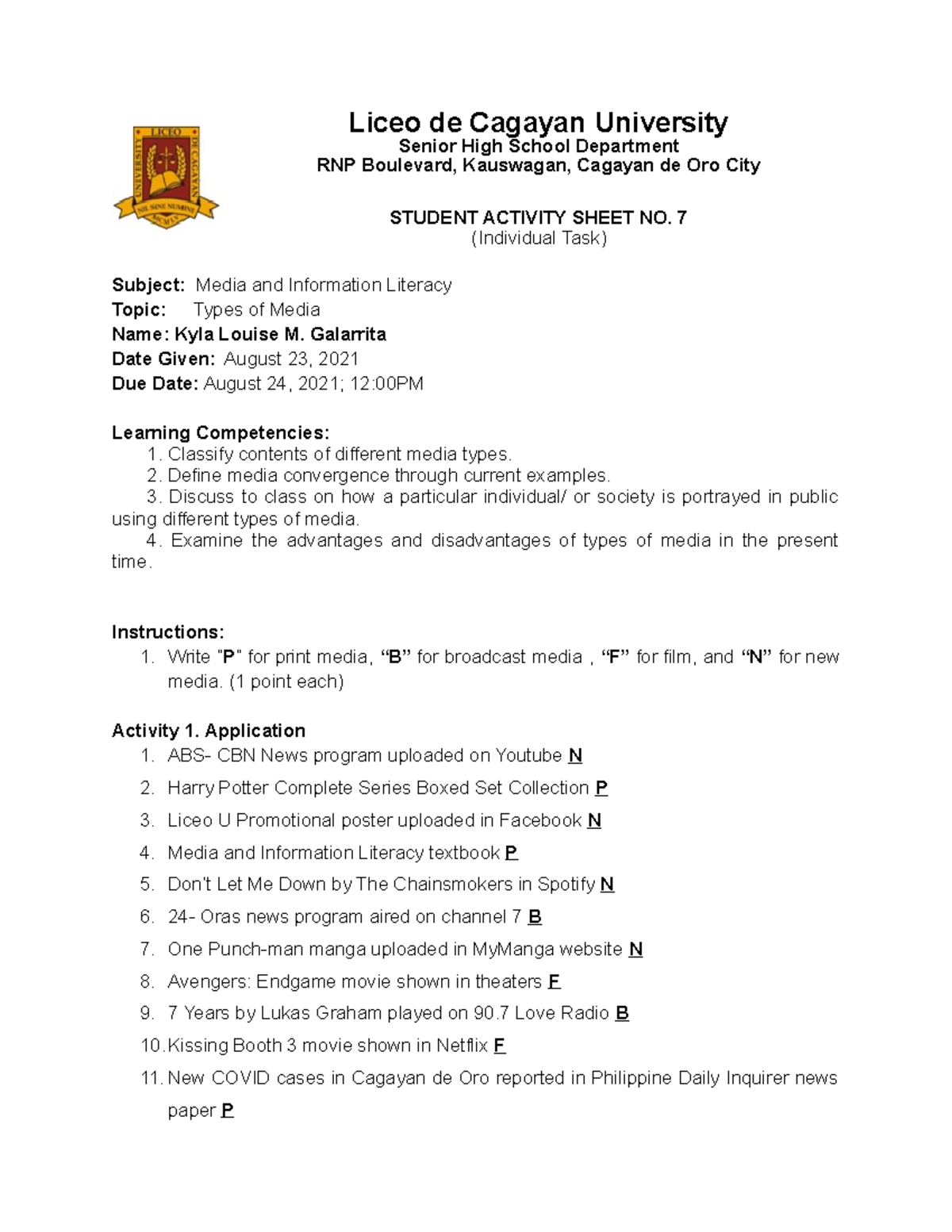 Student's Activity Sheet 7 (Individual) Day 6 - Liceo de Cagayan ...