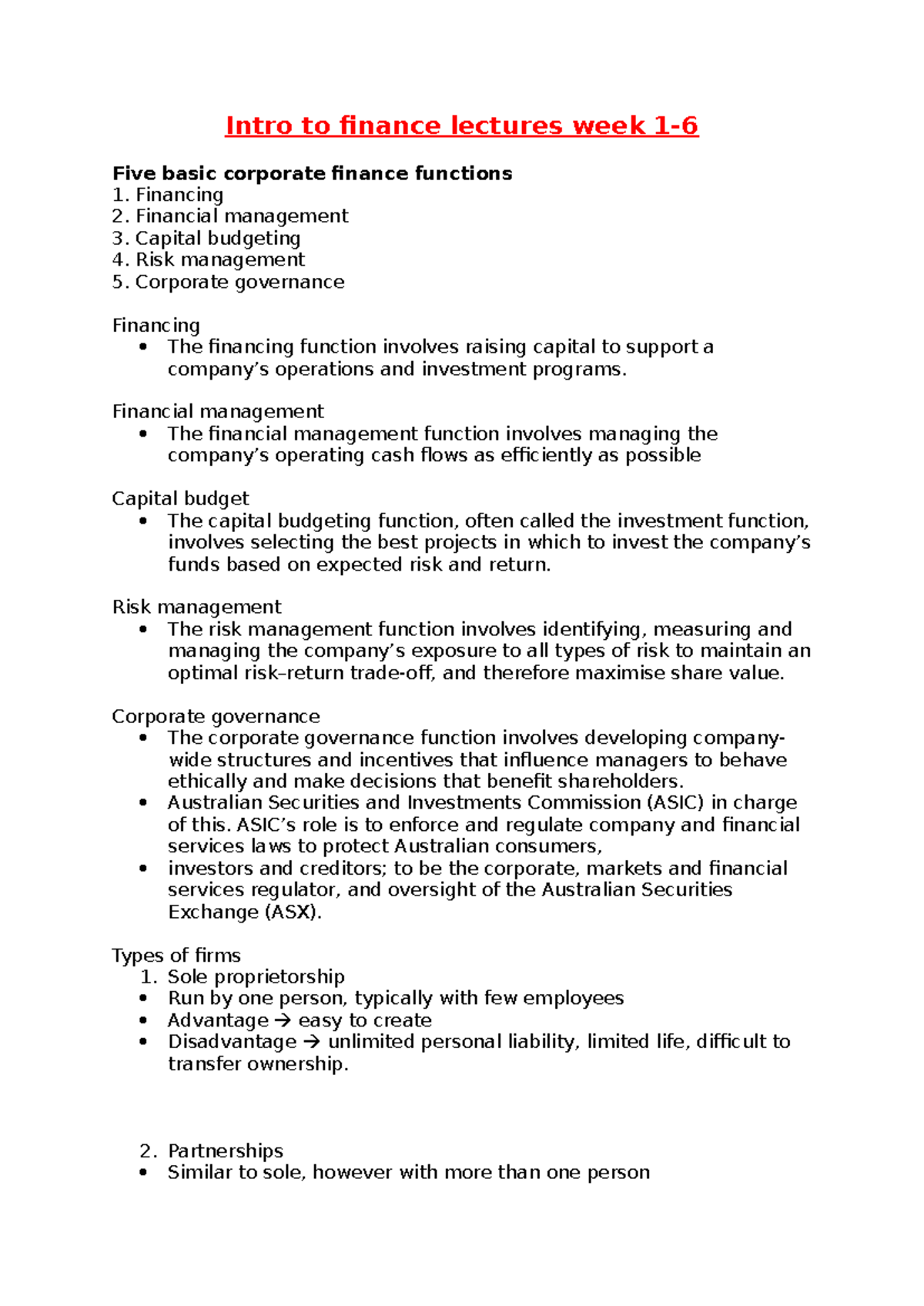 Finance Lectuere 1-6 - wk1-3 - Intro to finance lectures week 1- Five ...