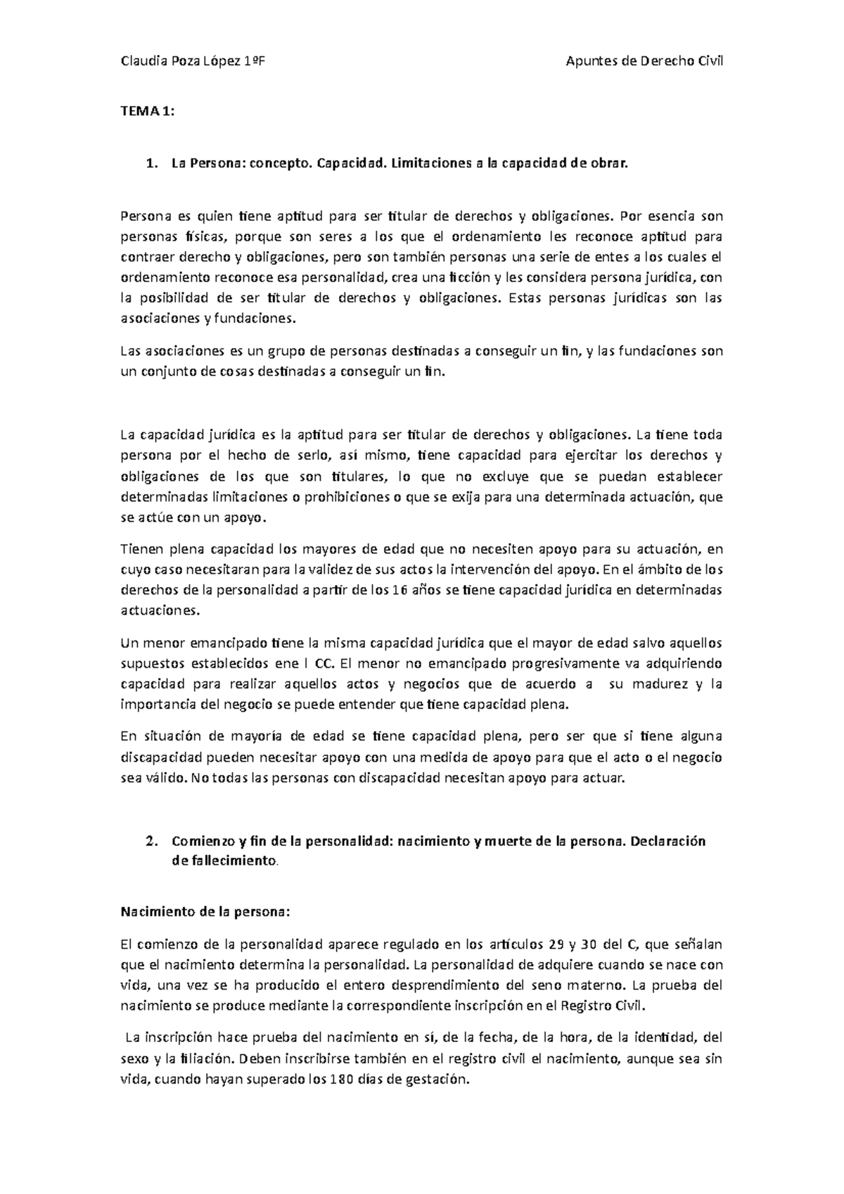 Apuntes de derecho civil persona y familia - TEMA 1: La Persona ...