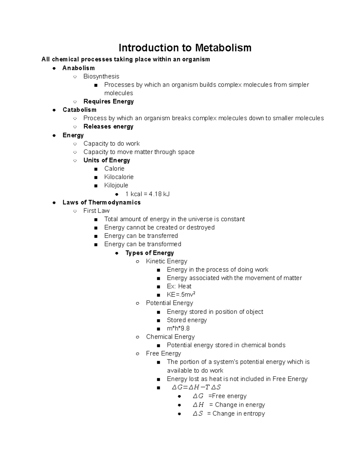 Introduction to Metabolism - Studocu