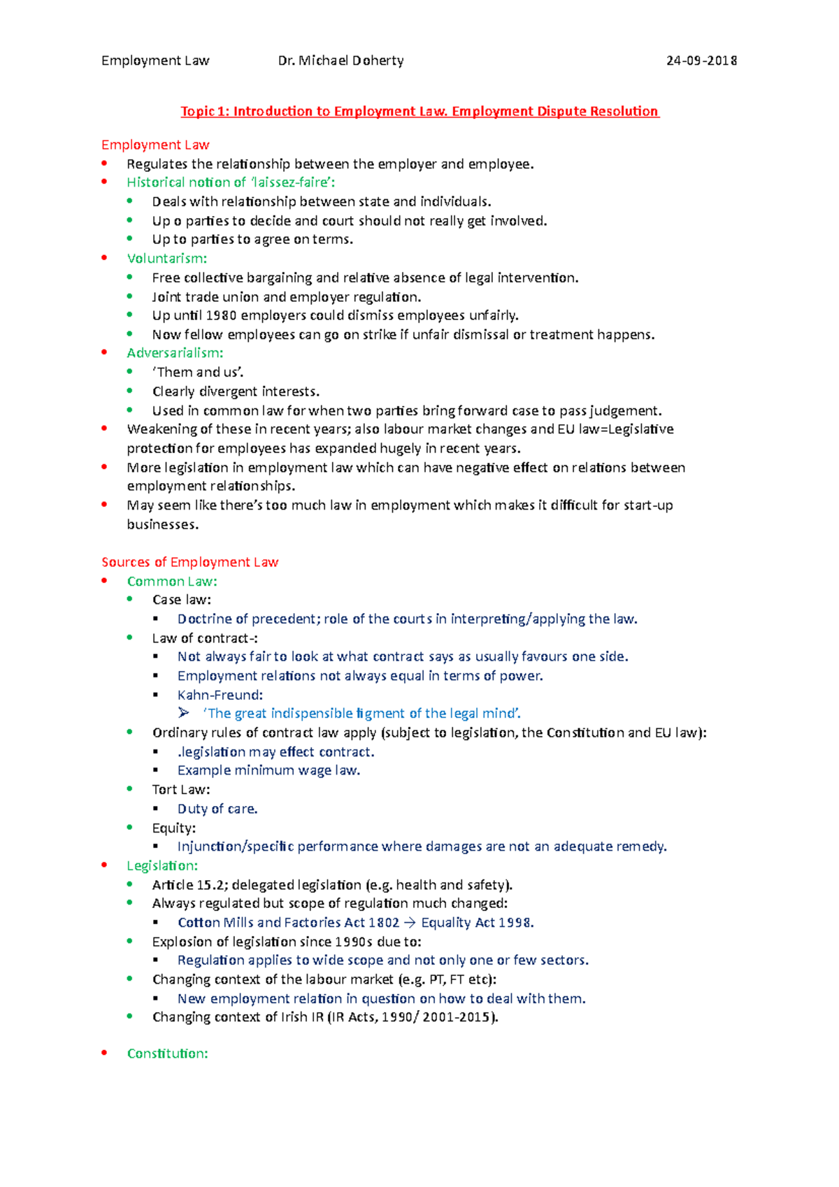 Lecture 1 - Introduction to Employment Law. Employment Dispute ...