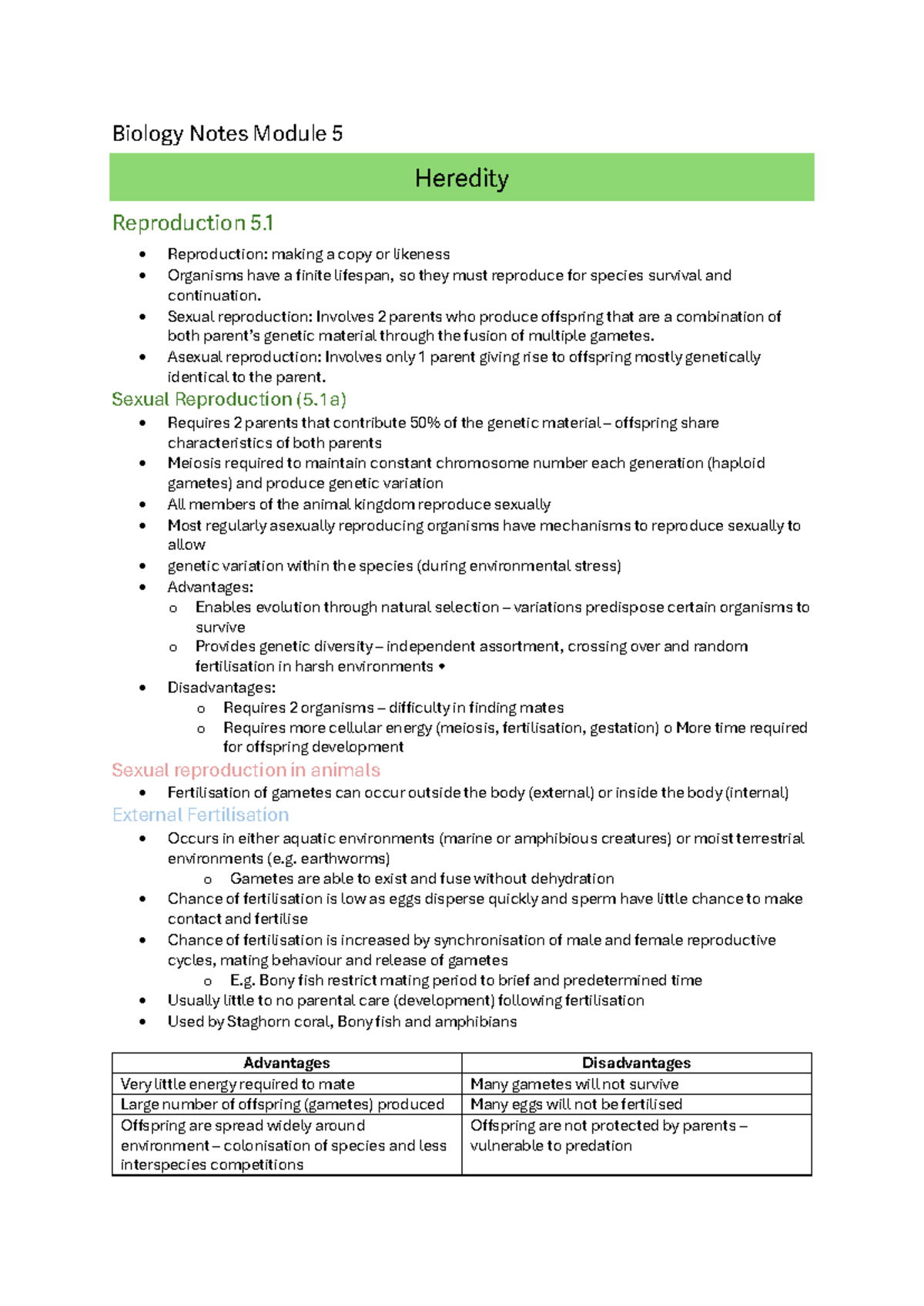 Module 5 Summary - Biology Notes Module 5 Heredity Reproduction 5 ...