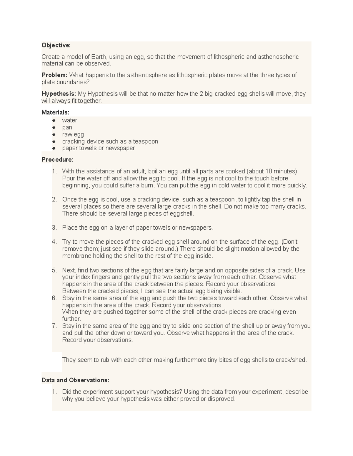 )Hands On Science on project. Example of format and experiment ...