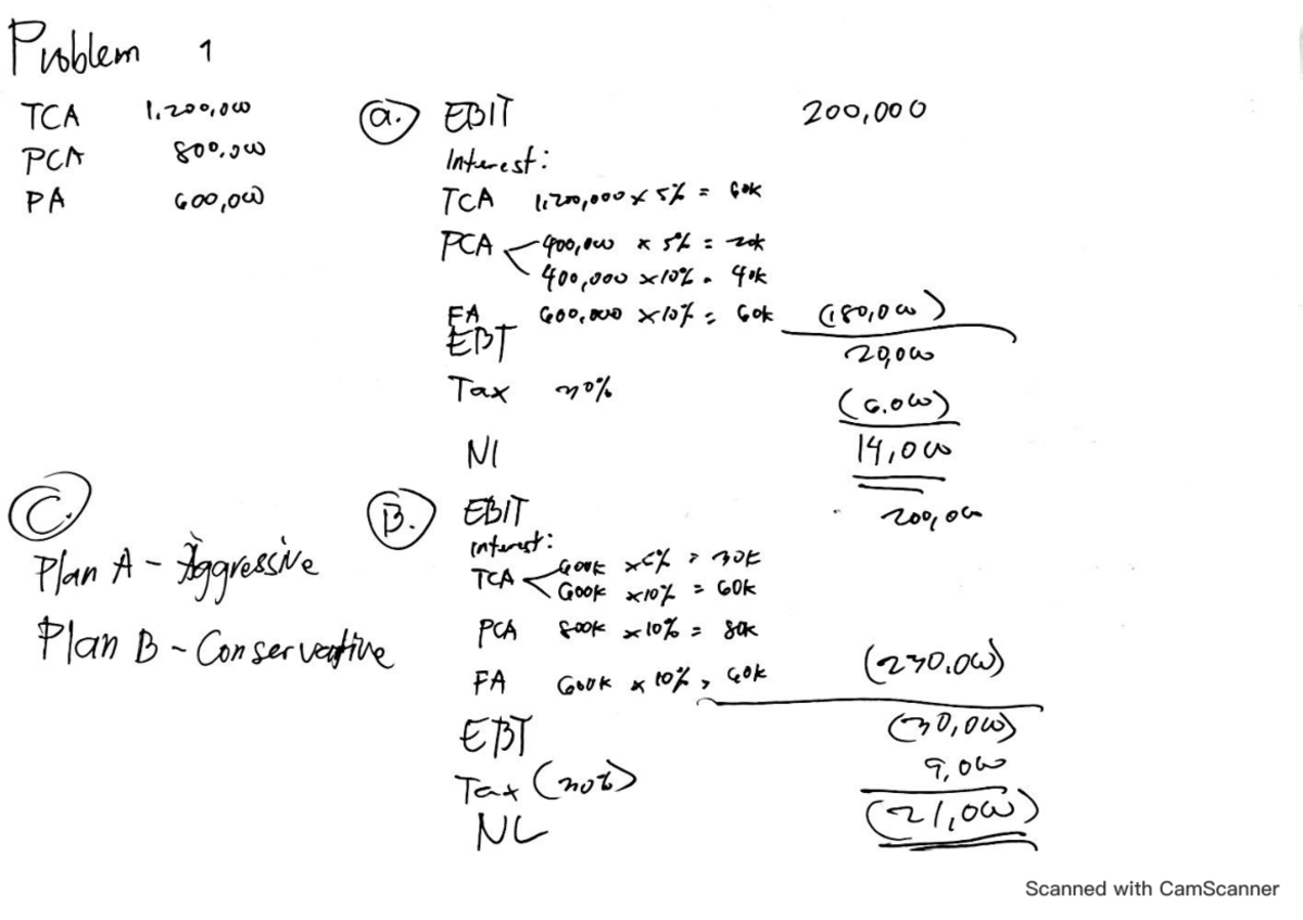 FIN 081 P2 Quiz 1 Answer key 16 - Problem 1 TCA a. EBIT PCA Interest ...