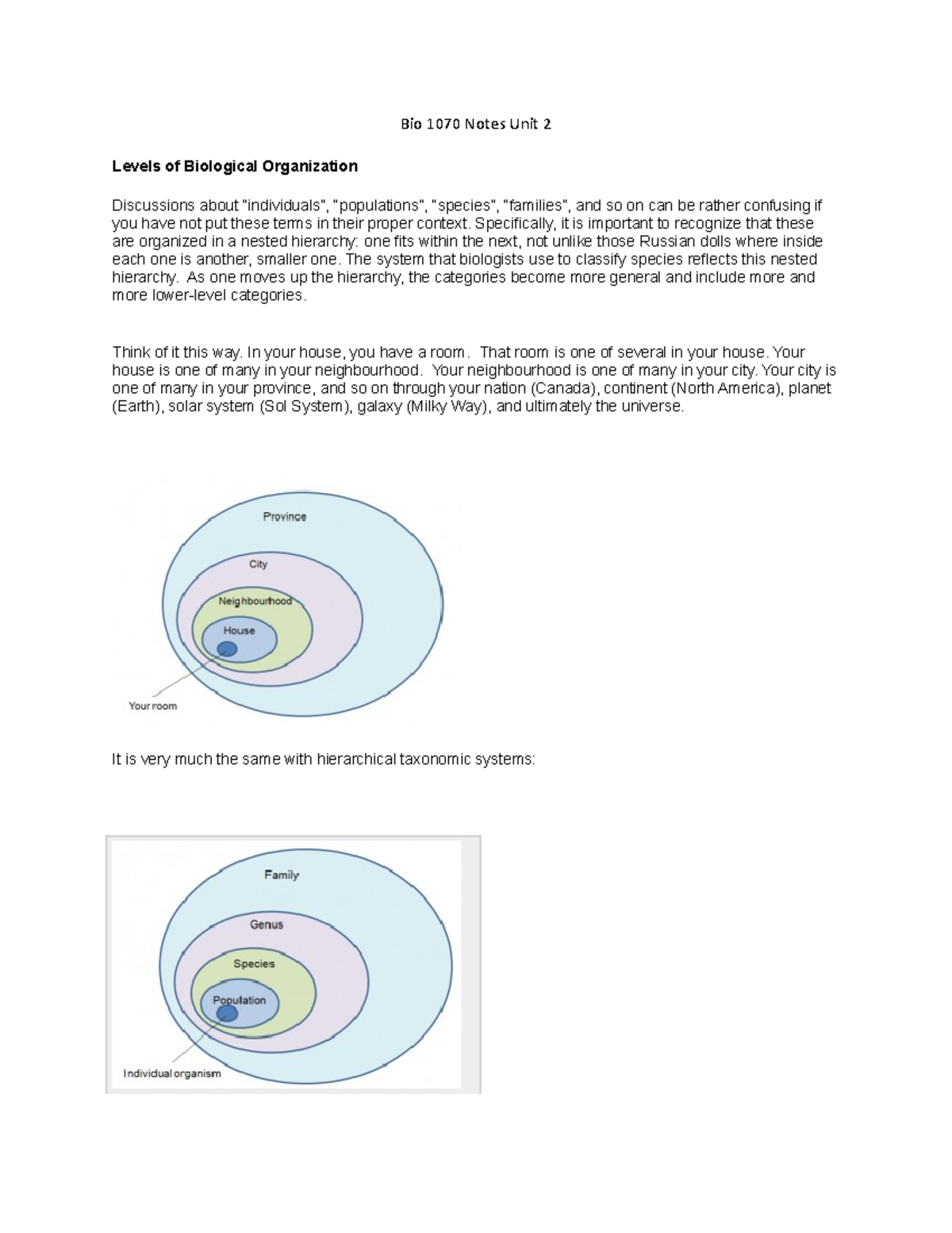 Bio 1070 Notes Unit 2 - Bio 1070 Notes Unit 2 Levels of Biological ...