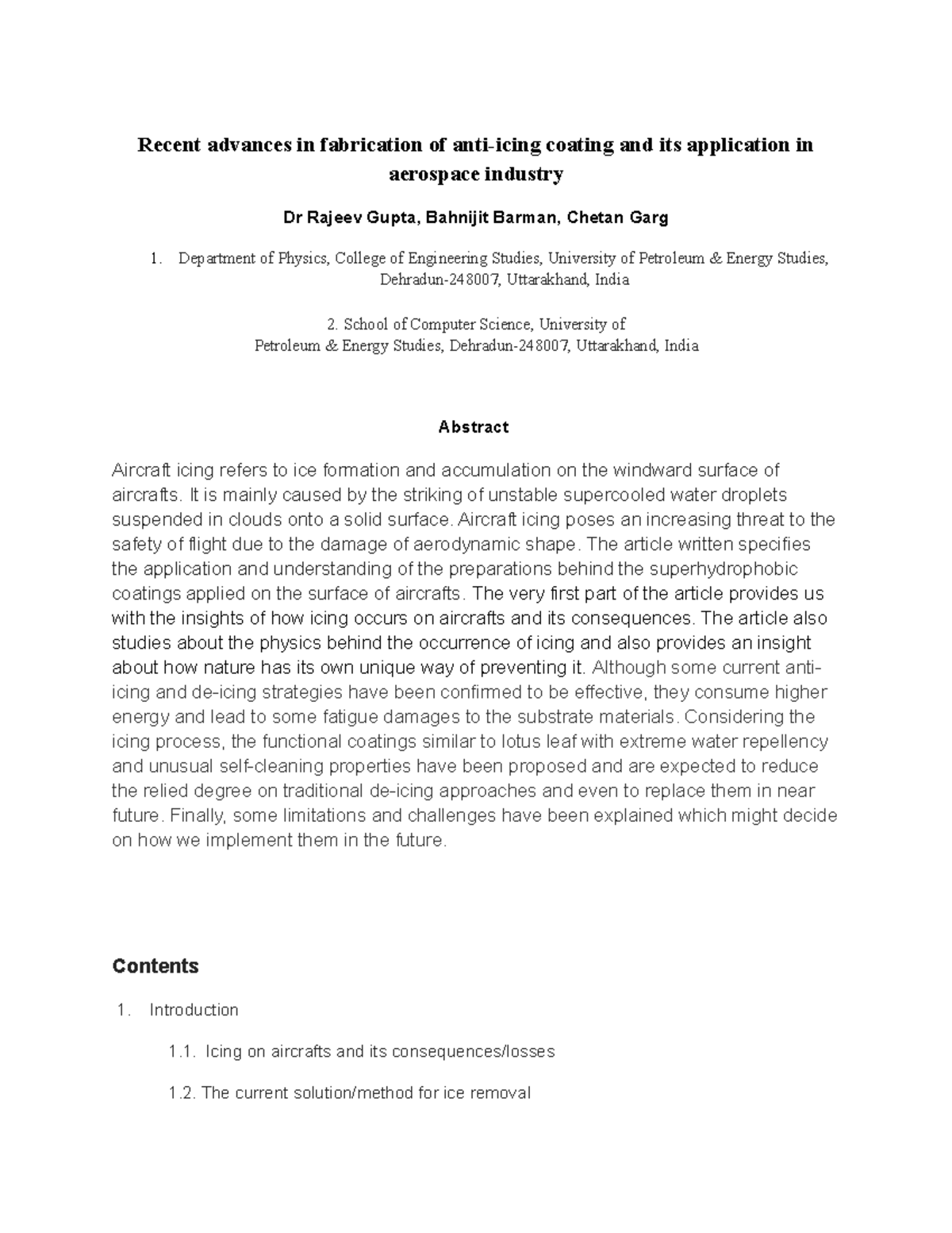Physics research paper - Recent advances in fabrication of anti-icing ...