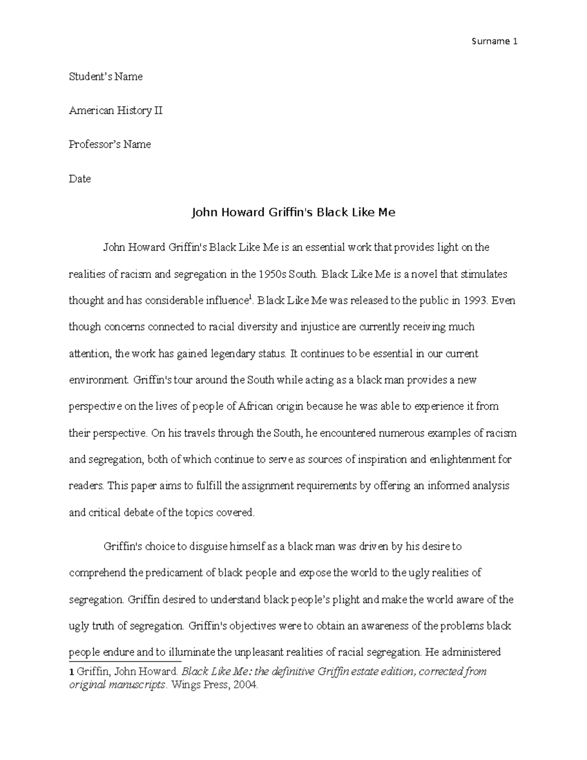 Black like me - color - Student’s Name American History II Professor’s ...