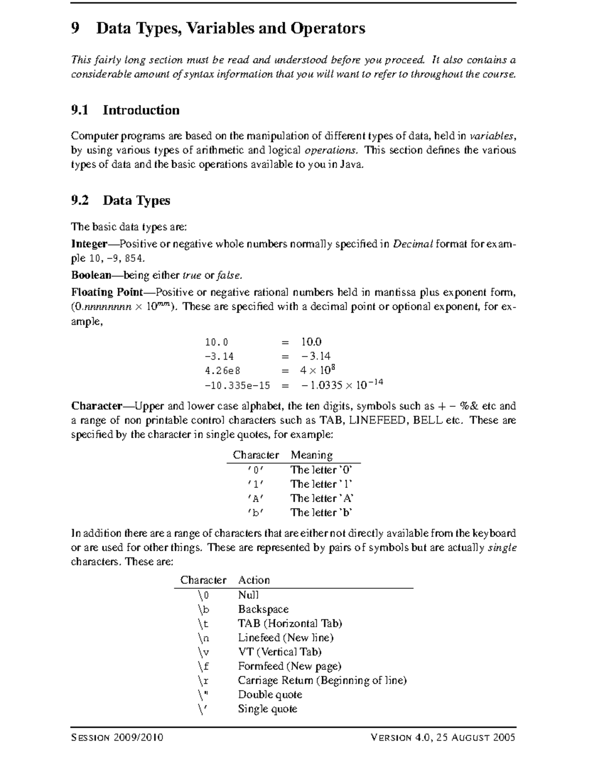 Lecture Notes 09 - 9 Data Types, Variables and Operators This fairly ...