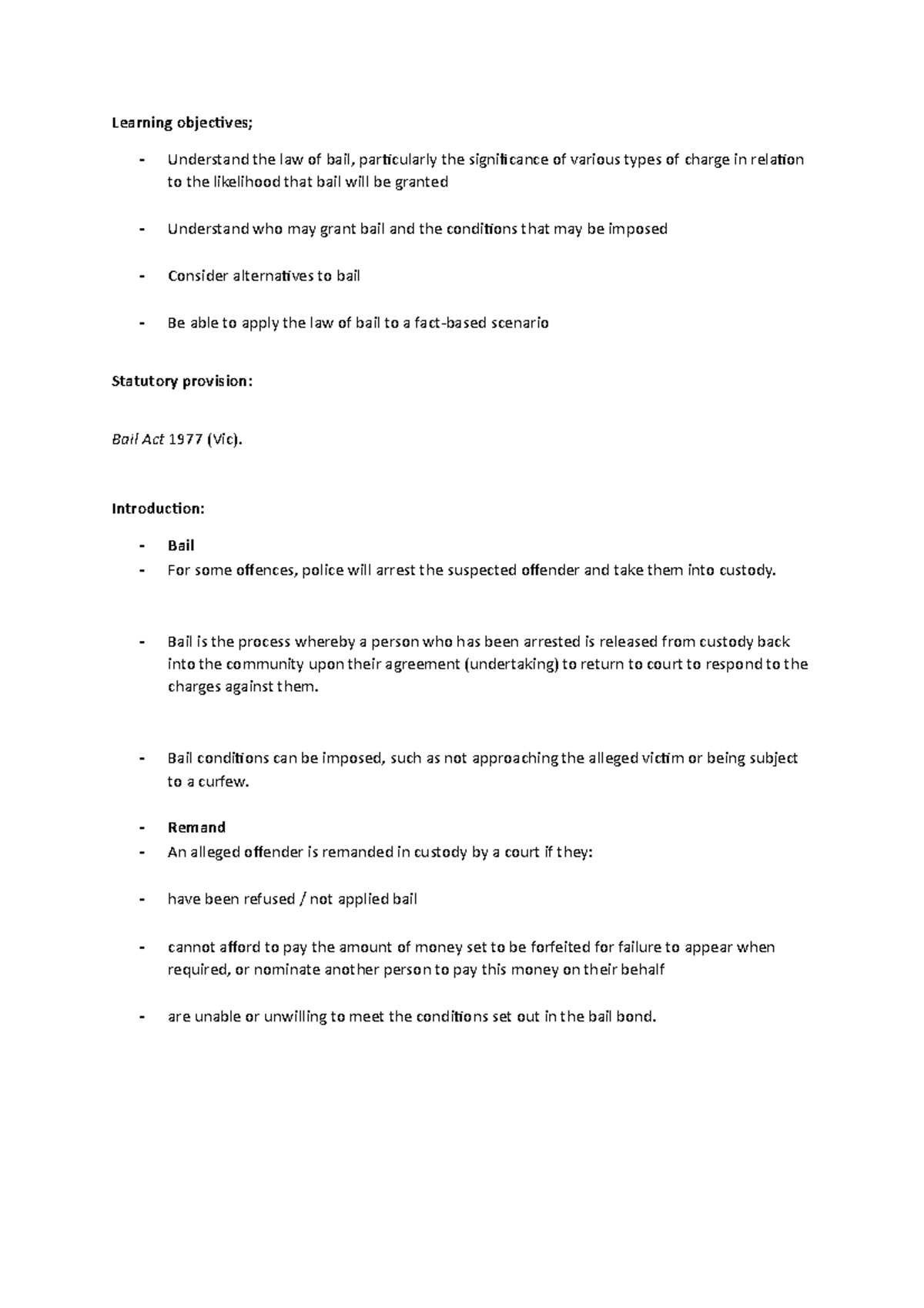 Week 6-Bail - Learning Understand the law of bail, particularly the ...