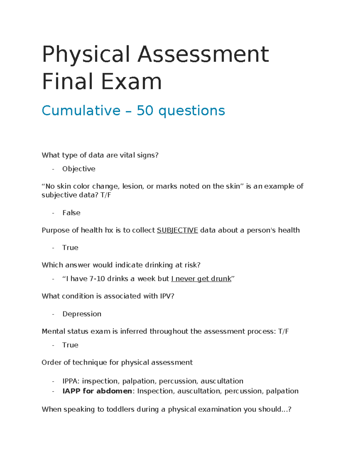 Physical Assment Final Exam Review - Physical Assessment Final Exam ...